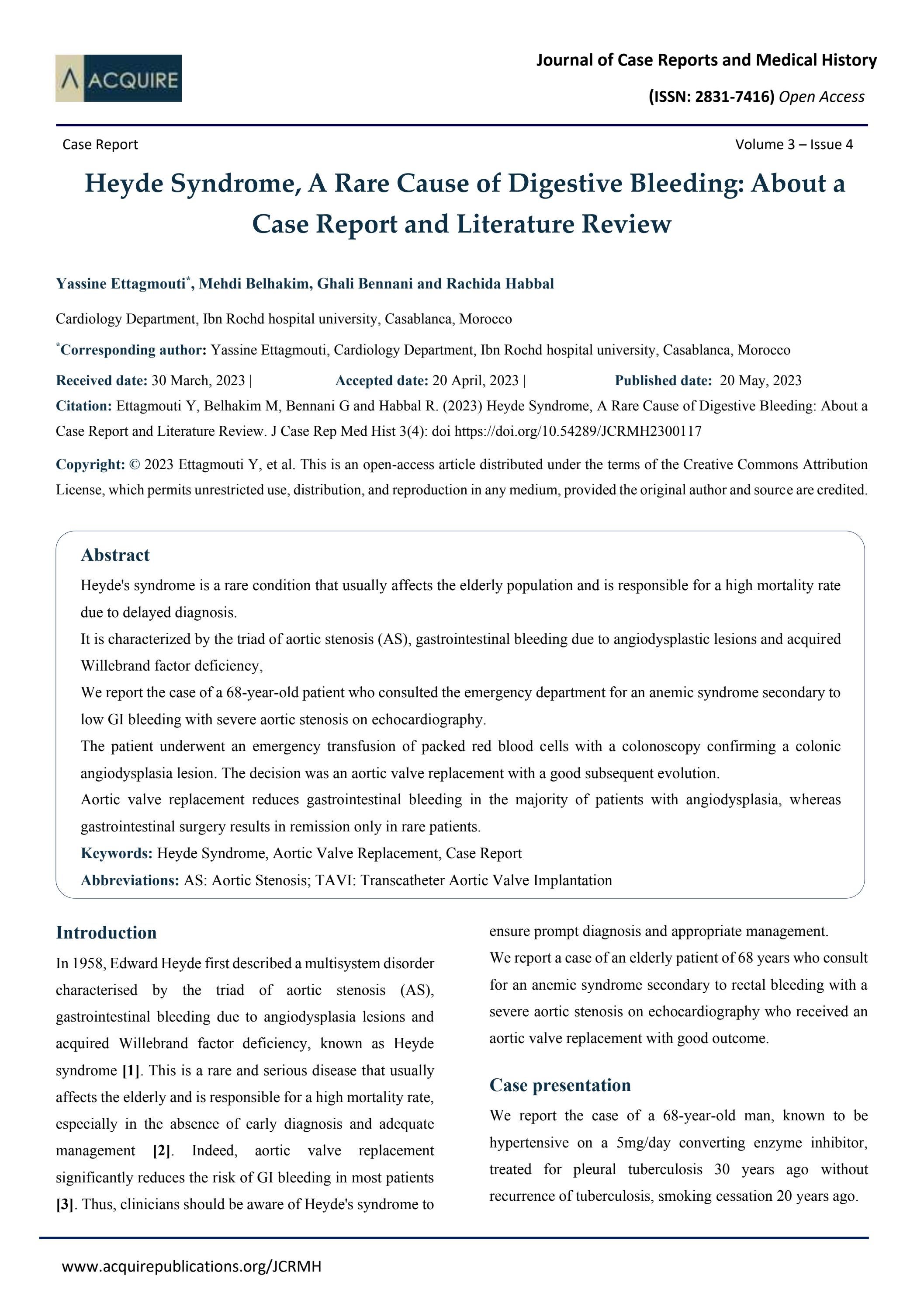 Heyde Syndrome, A Rare Cause of Digestive Bleeding: About a Case Report ...