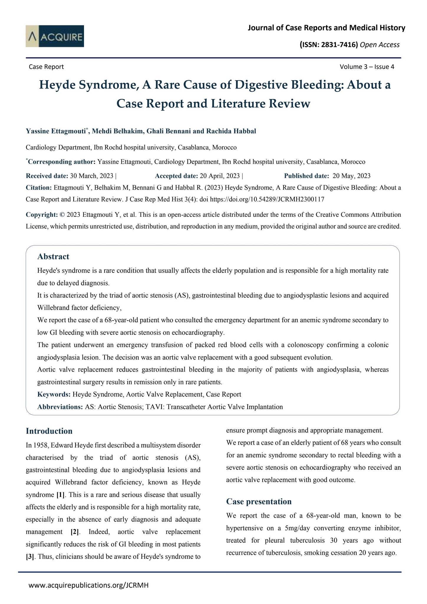Heyde Syndrome, A Rare Cause of Digestive Bleeding: About a Case Report ...