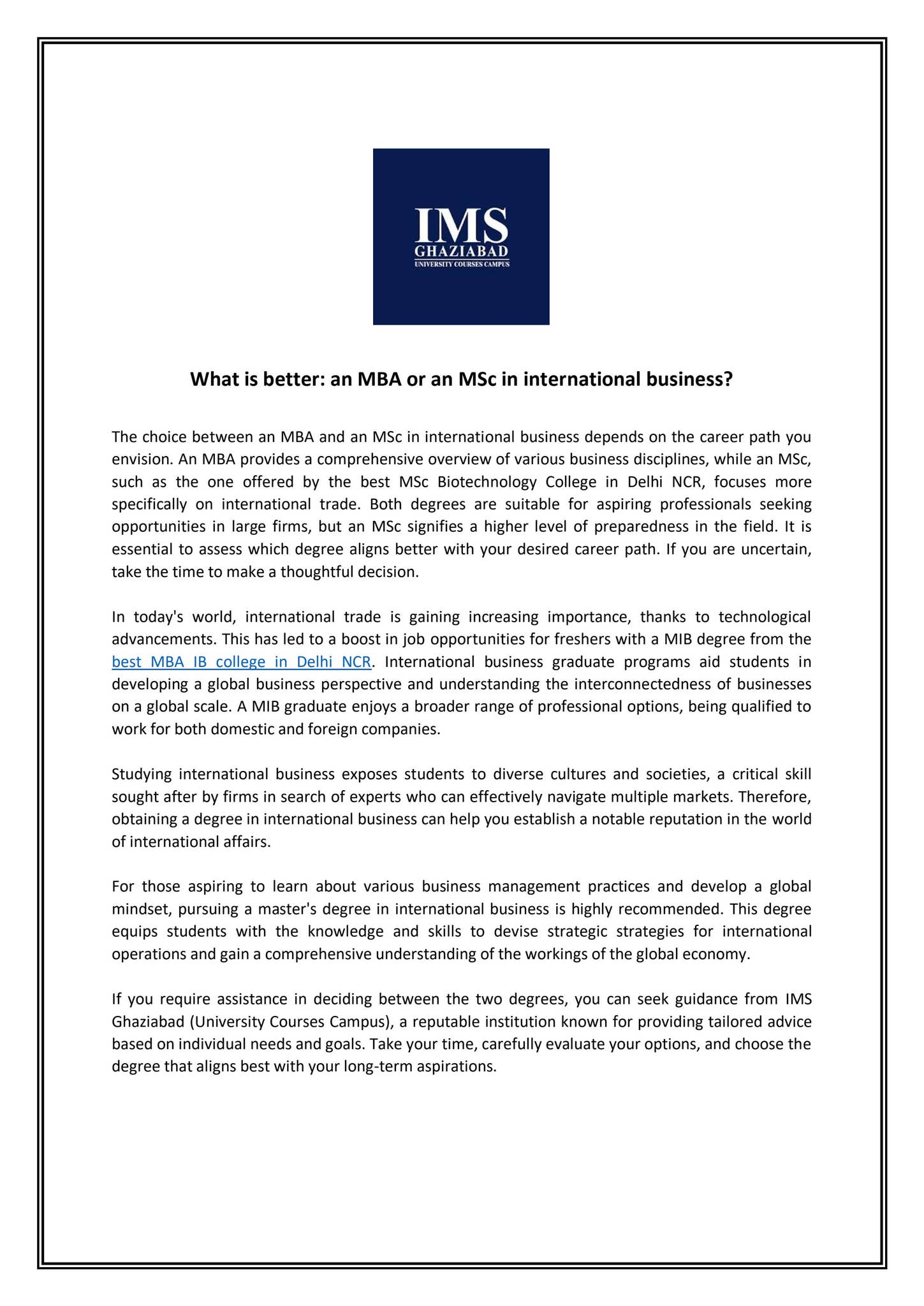 What is better: an MBA or an MSc in international business? by IMS ...