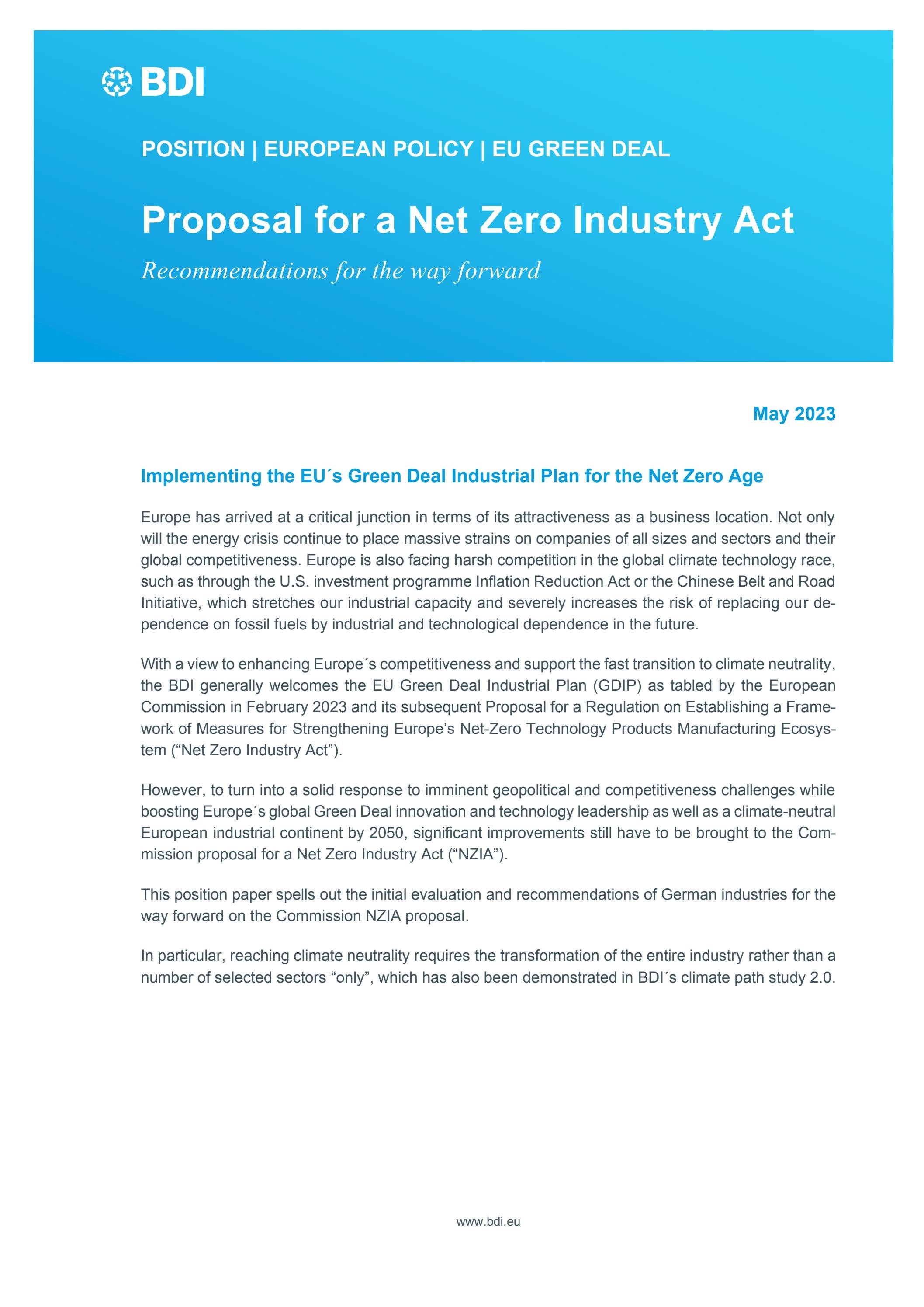 Proposal for a Net Zero Industry Act by Bundesverband der Deutschen ...