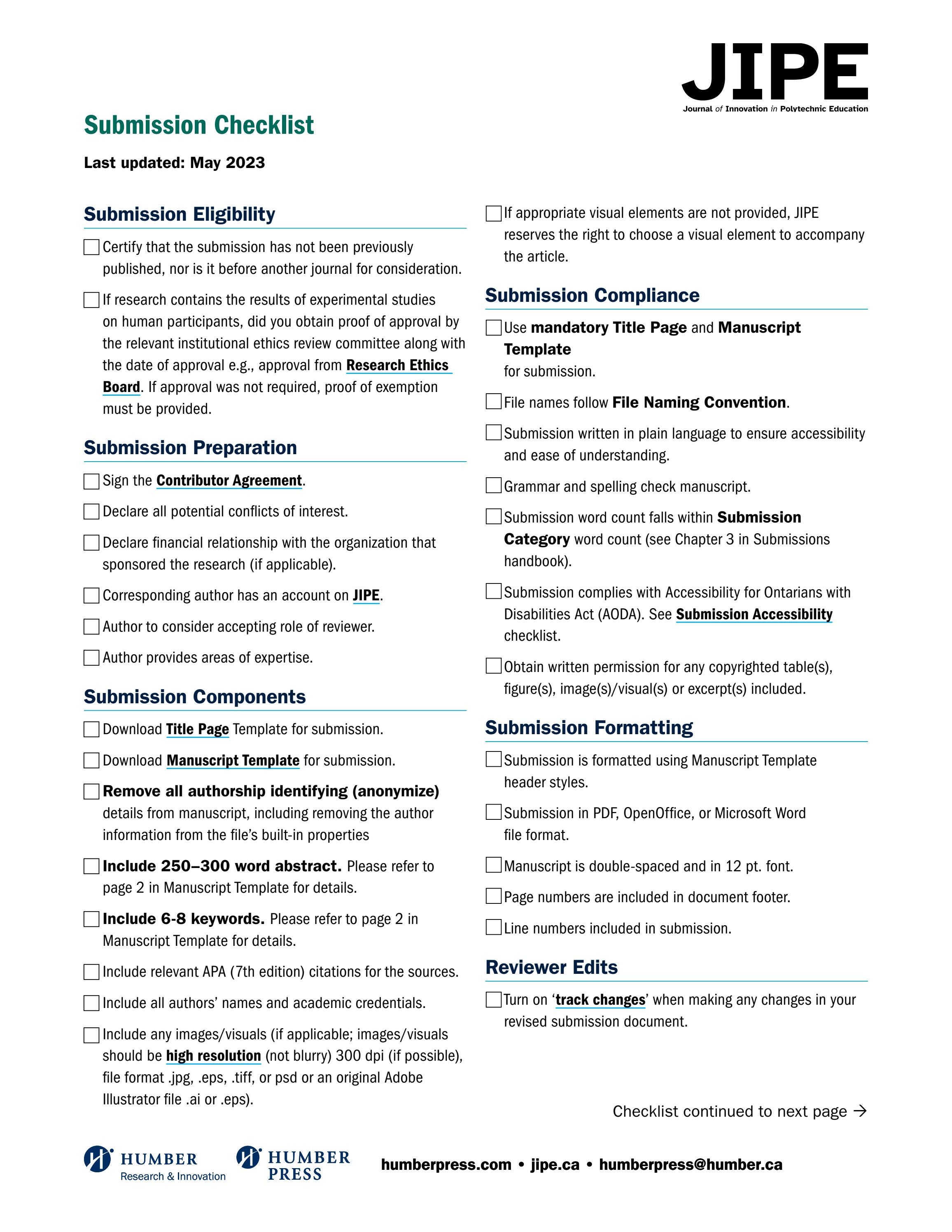 JIPE Submission Checklist by Humber Research & Innovation - Issuu