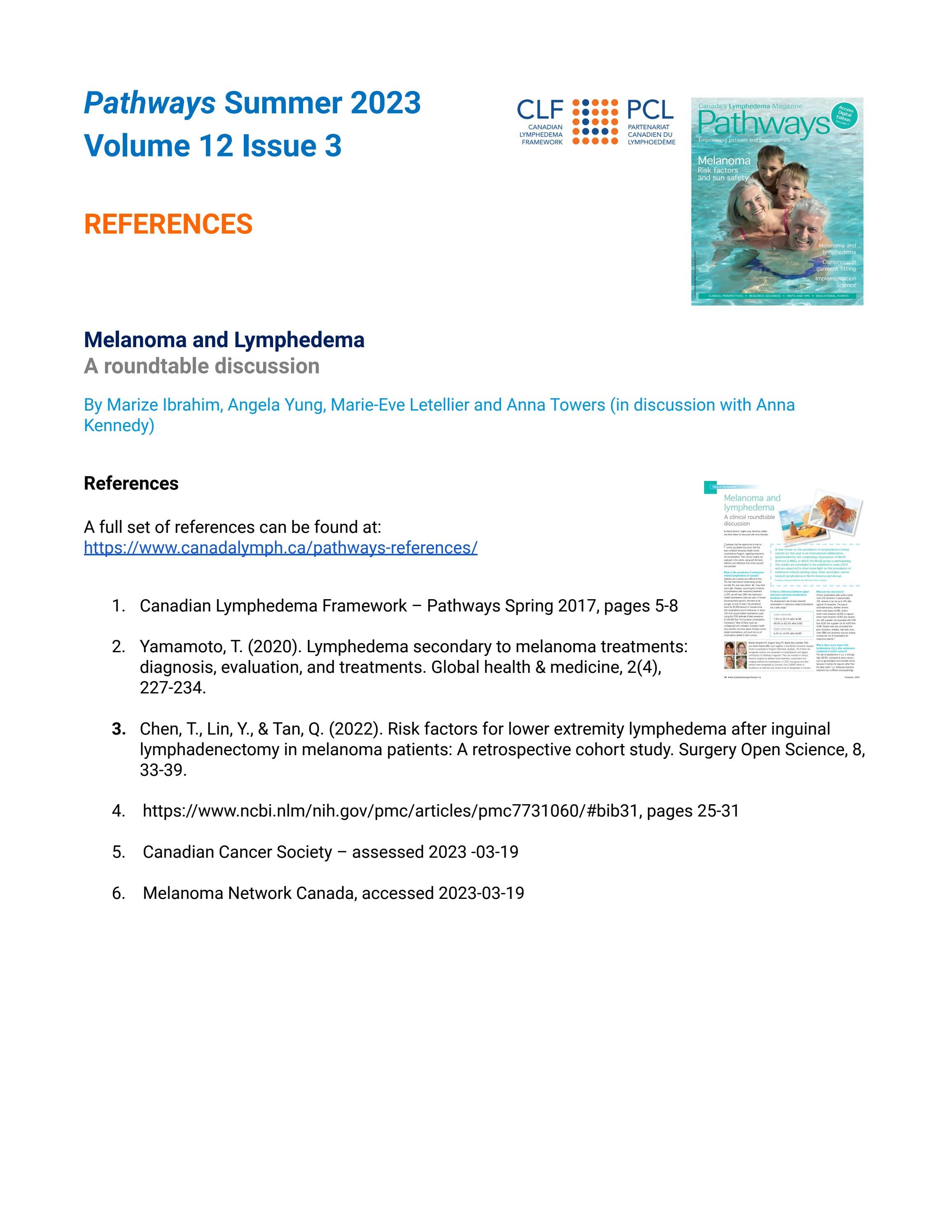 Pathways Summer 2023 (Volume 12, Issue 3) REFERENCES by Canadian Lymphedema Framework - Issuu