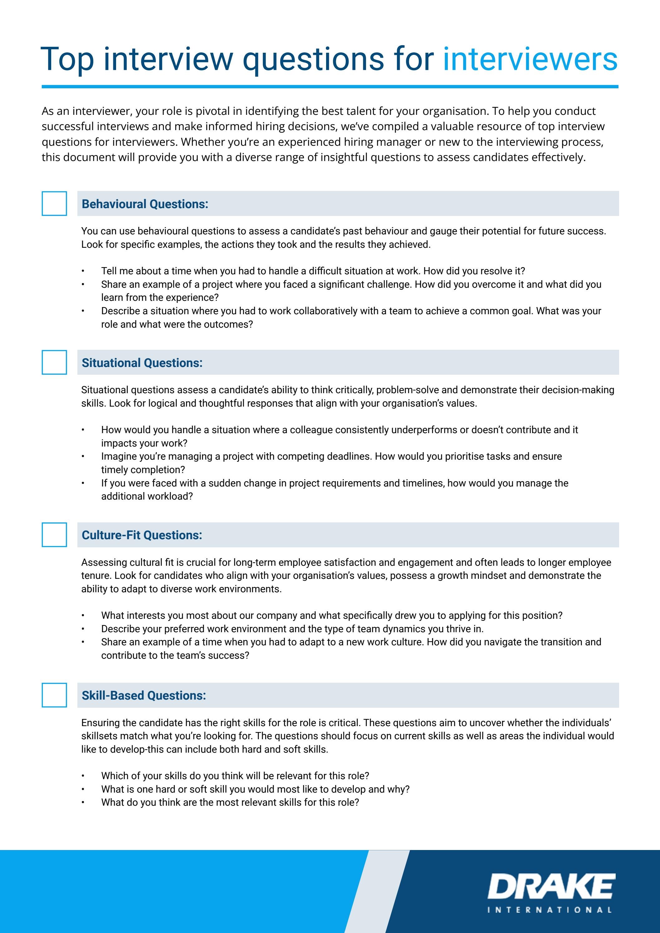 Drake International Interview Questions for Interviewers by DrakeANZ ...
