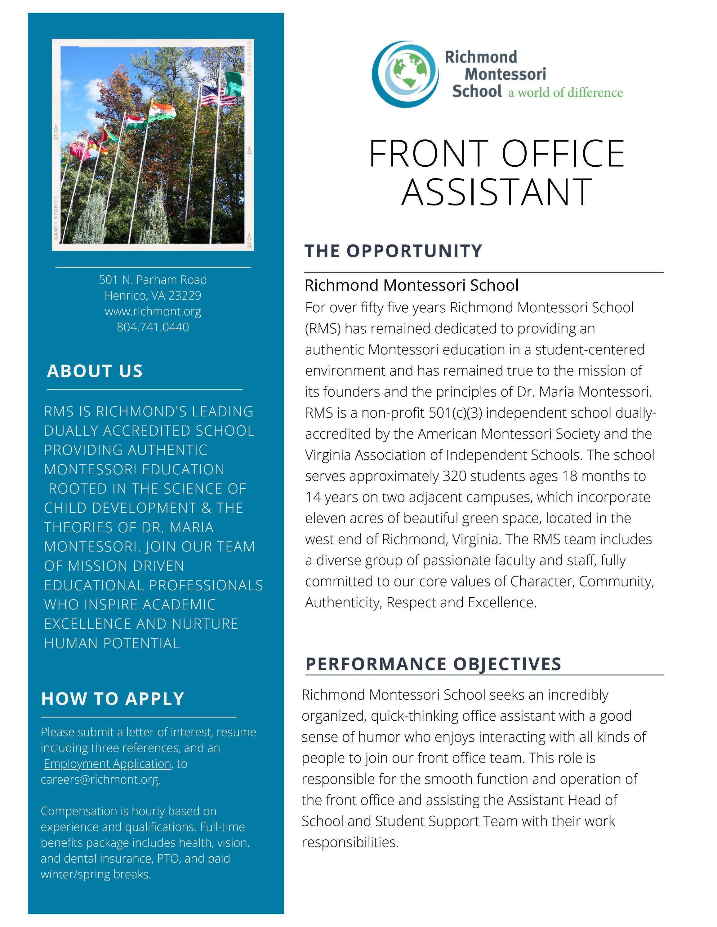 Front Office Assistant Job Ad by Richmond Montessori School - Issuu