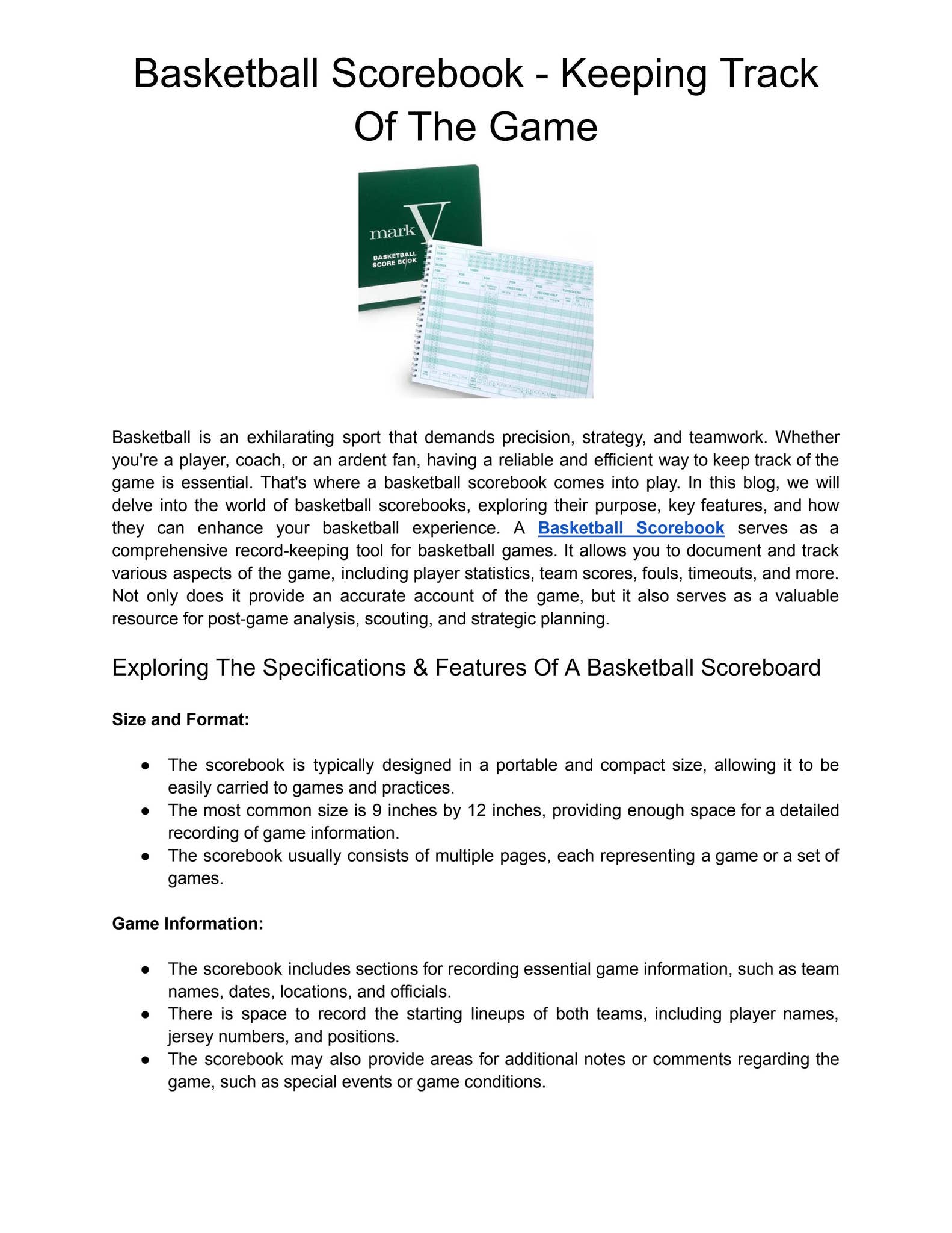 Basketball Scorebook - Keeping Track Of The Game by Spartan Athletic Co ...