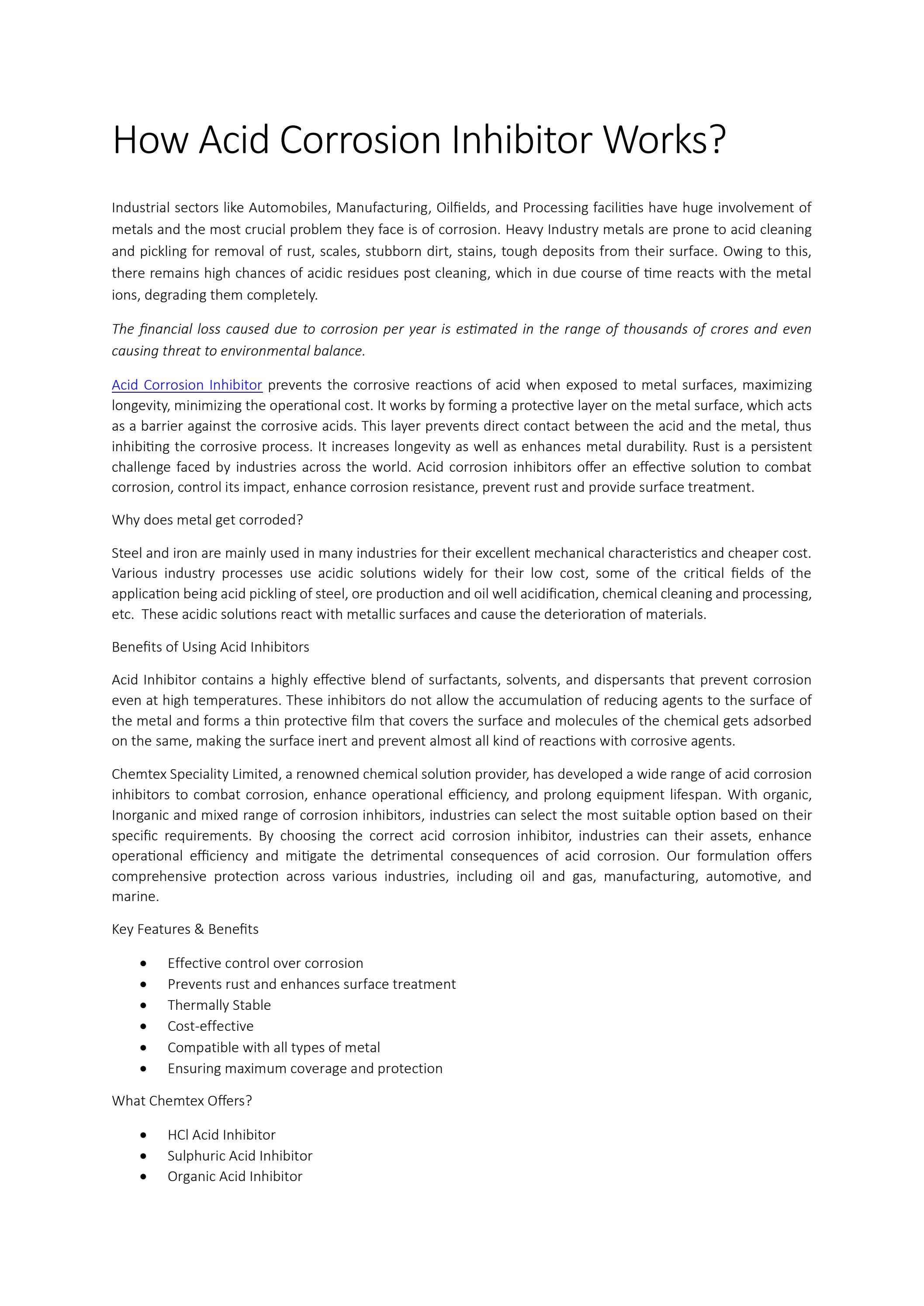 How Acid Corrosion Inhibitor Works? by chemtexspecialityltd - Issuu