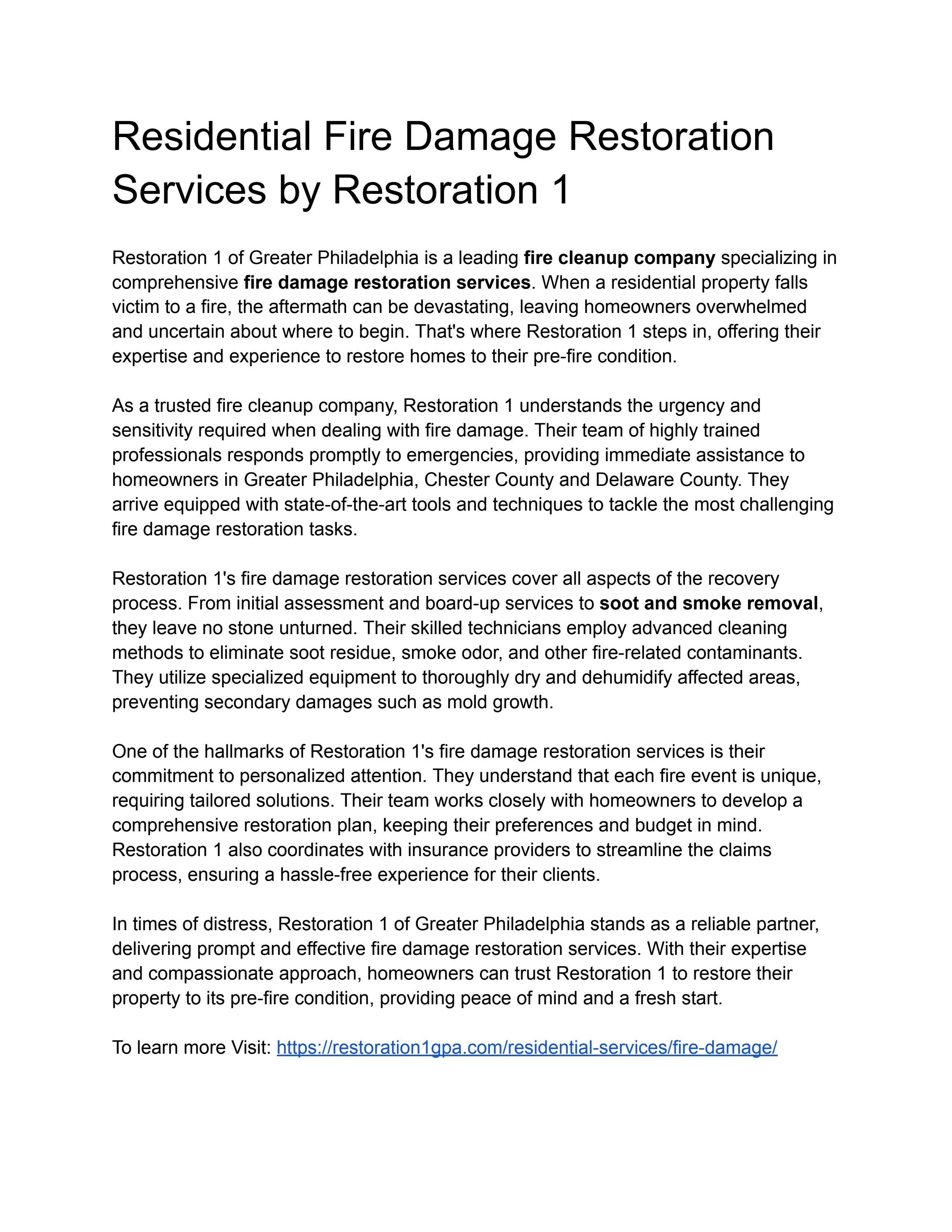 Residential Fire Damage Restoration Services by Restoration 1 by Mickel ...