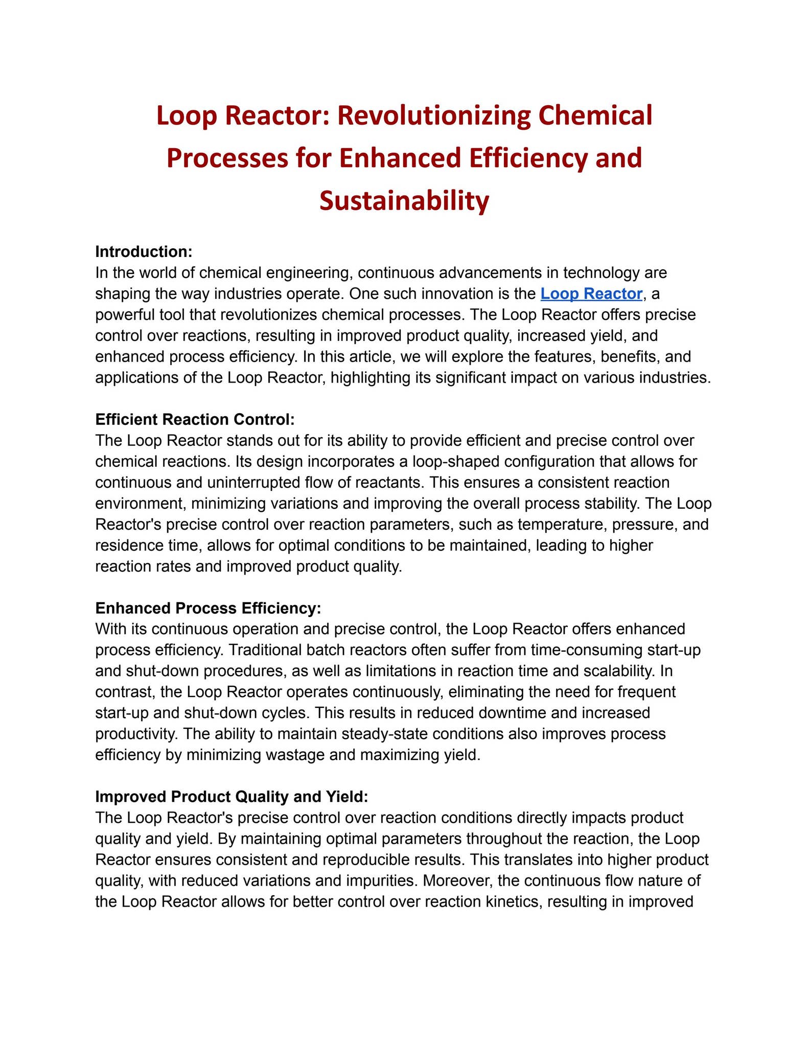 Loop Reactor: Revolutionizing Chemical Processes for Enhanced ...