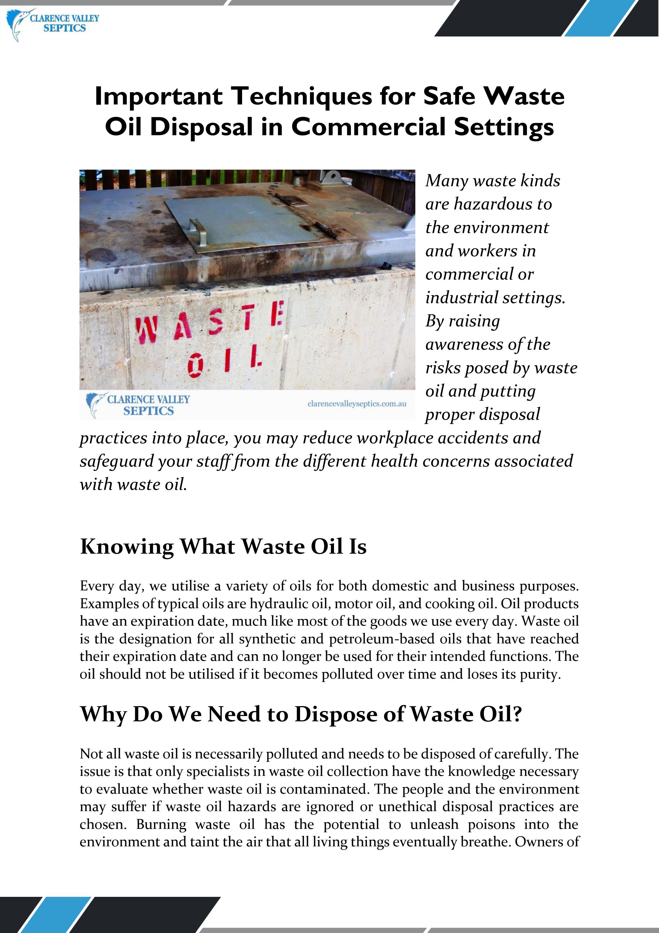 Waste Oil Collection by Clarence Valley Septics by Clarence Valley ...