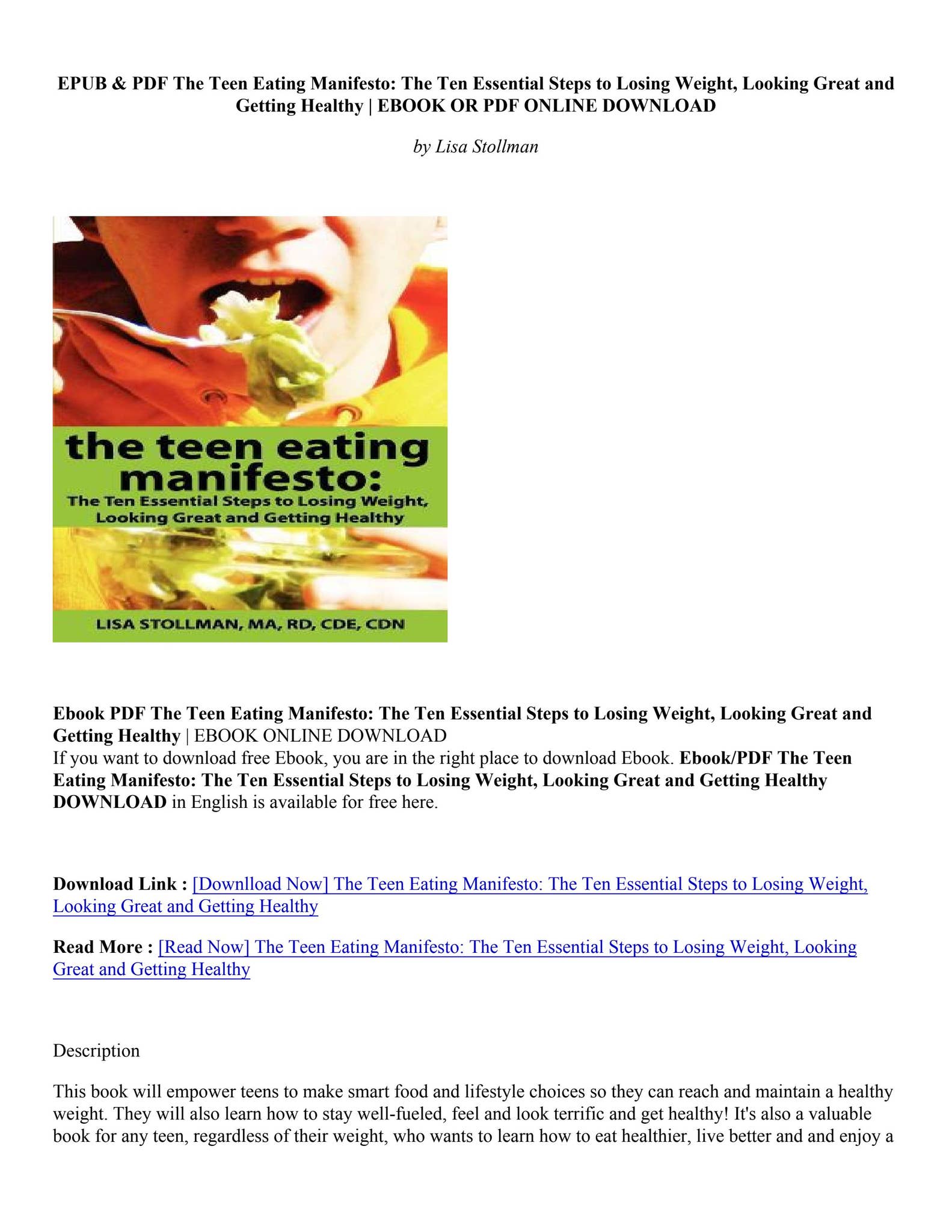 Download The Teen Eating Manifesto: The Ten Essential Steps to Losing ...
