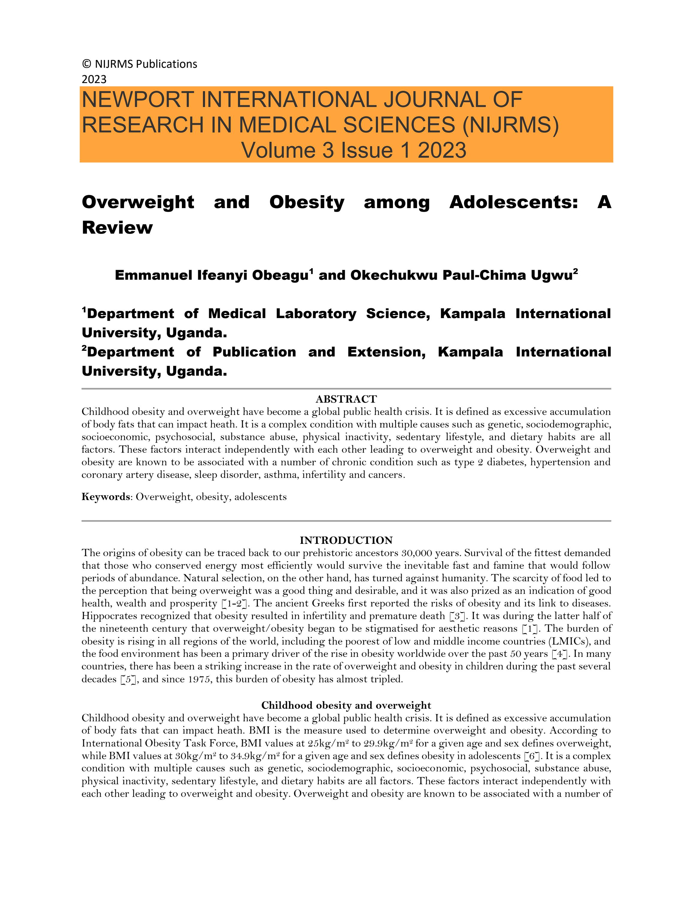 Overweight and Obesity among Adolescents: A Review by KIU PUBLICATION ...