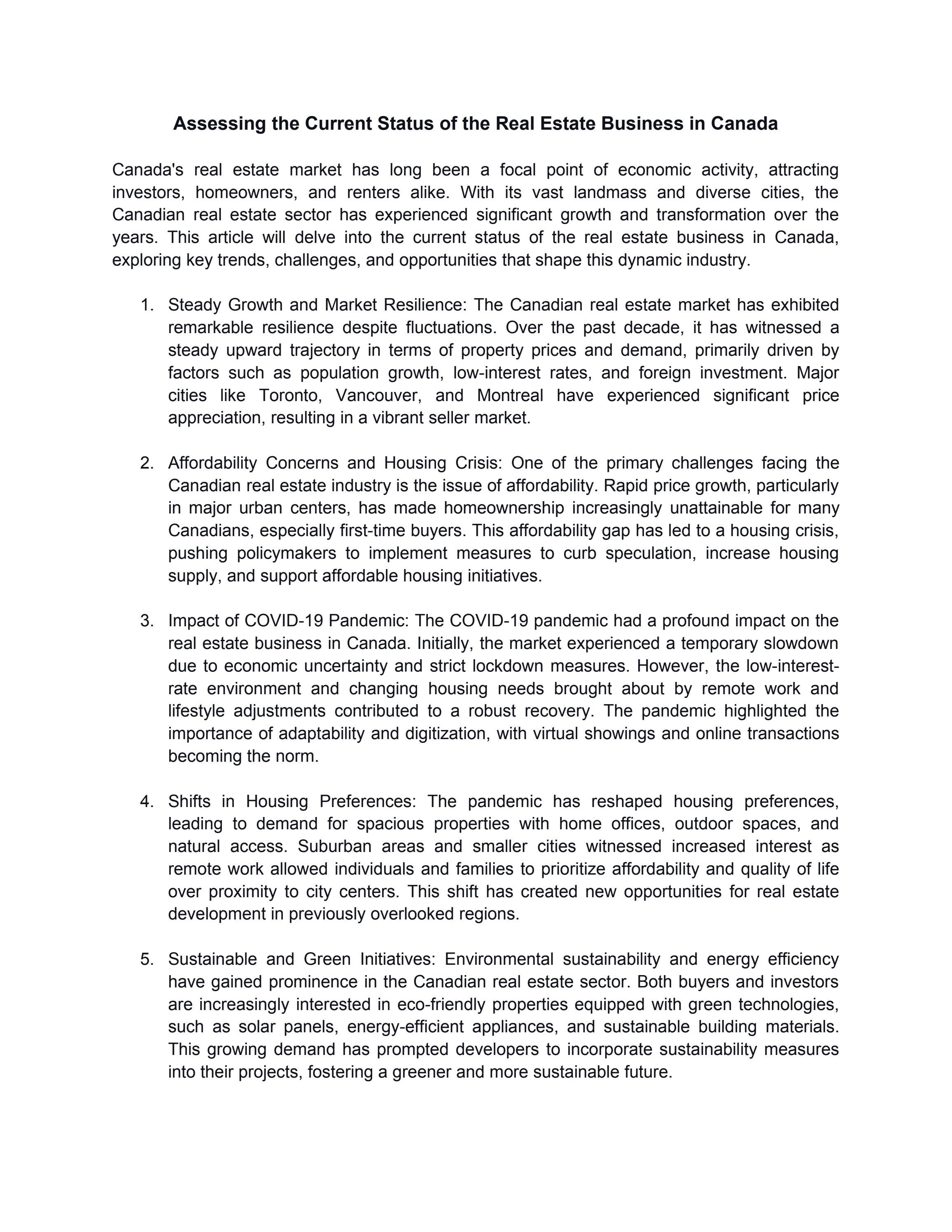 Assessing the Current Status of the Real Estate Business in Canada by ...