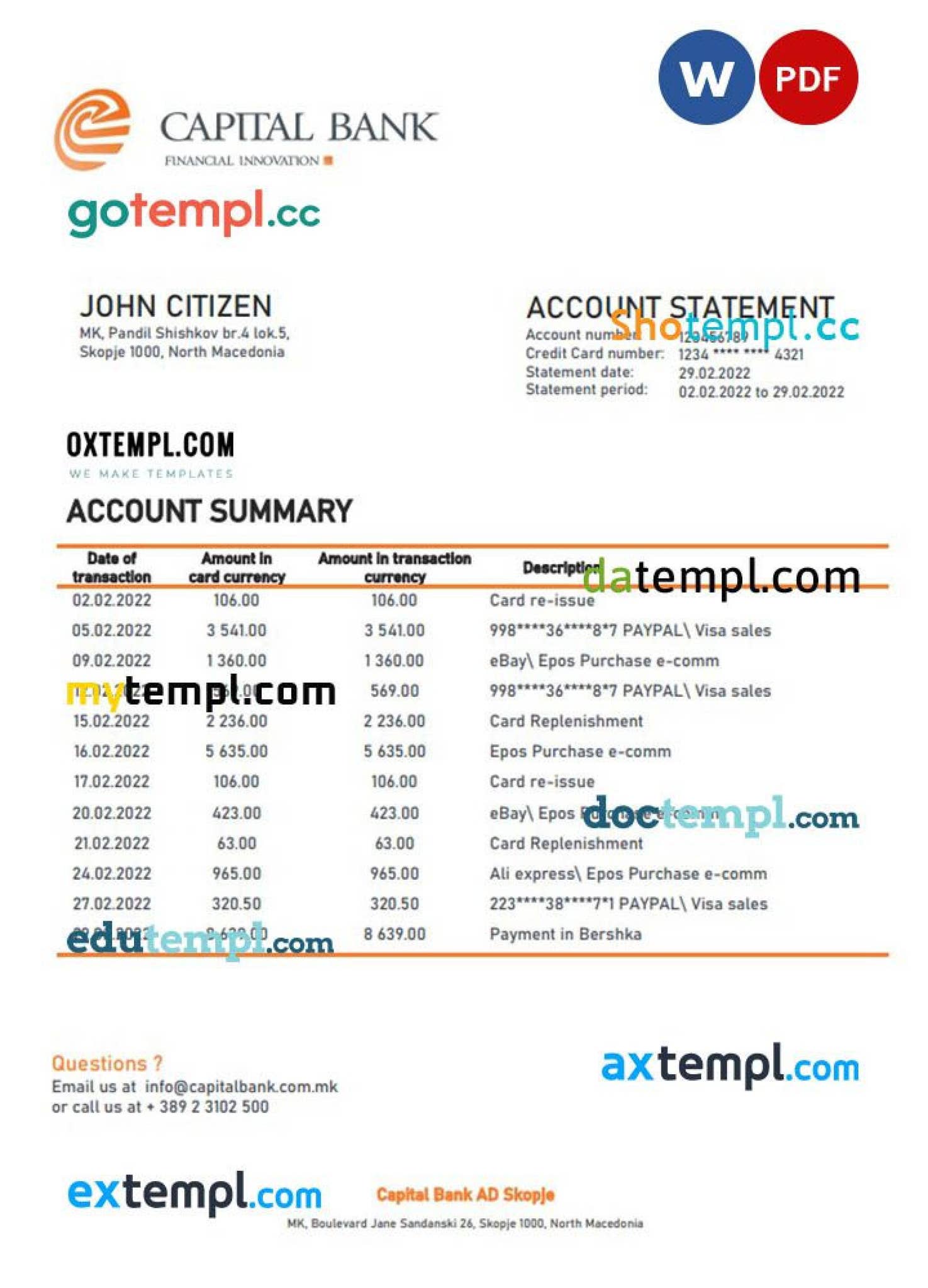 North Macedonia Capital bank statement template, Word and PDF format ...