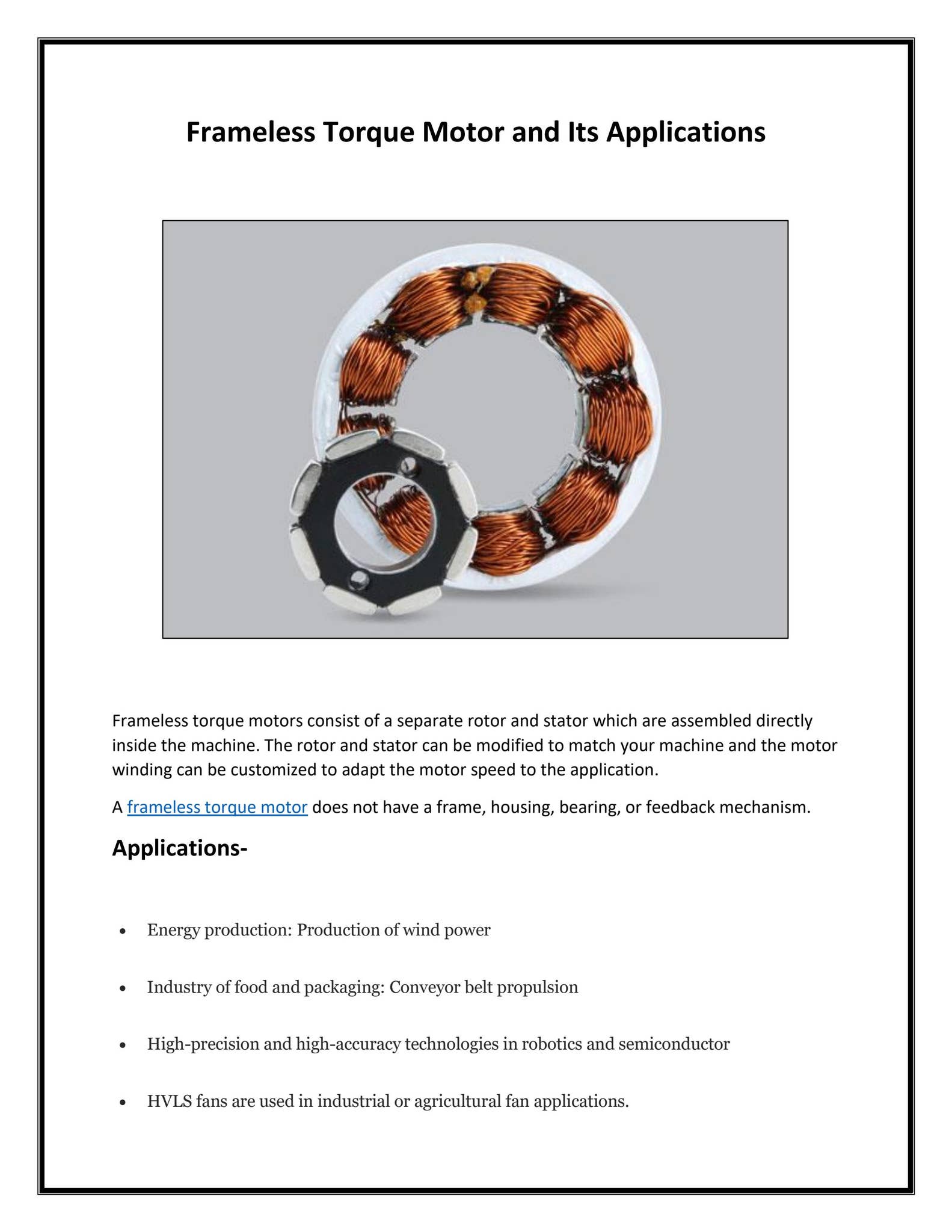 Frameless Torque Motor and Its Applications by BMC Motor - Issuu