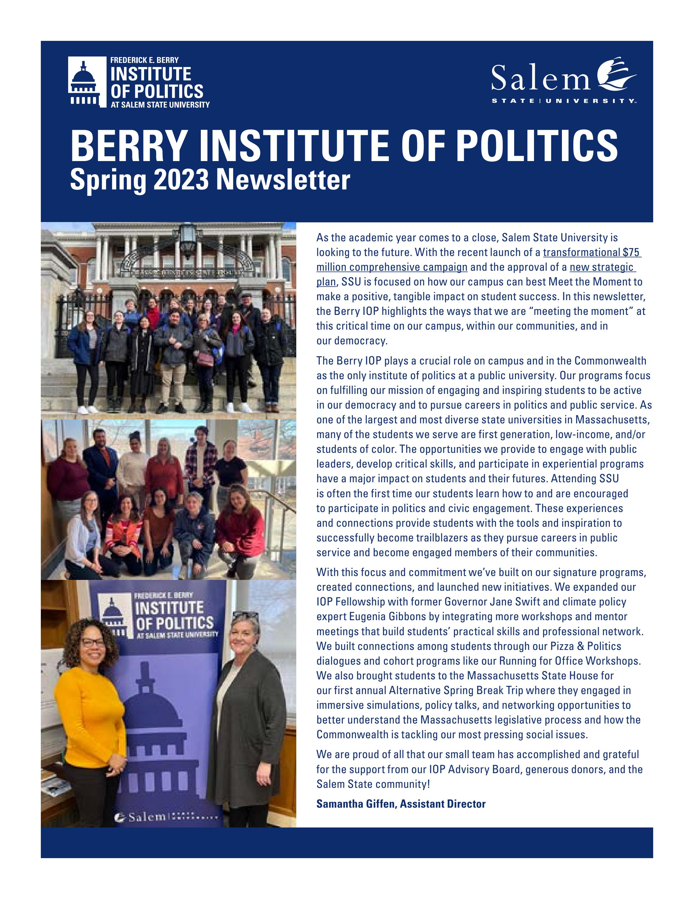 Spring 2023 Newsletter of the Frederick E. Berry Institute of Politics ...