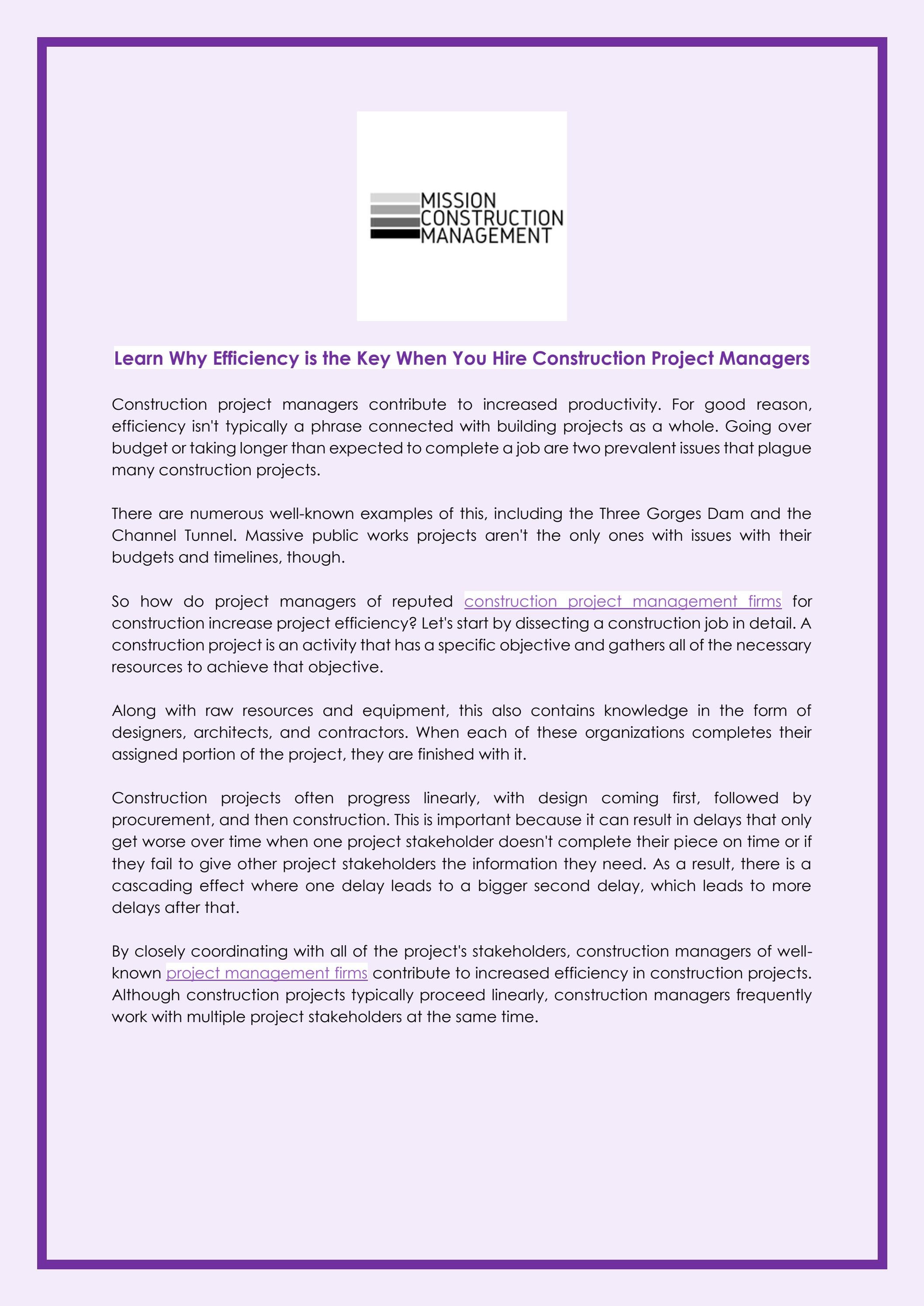 Learn Why Efficiency is the Key When You Hire Construction Project ...