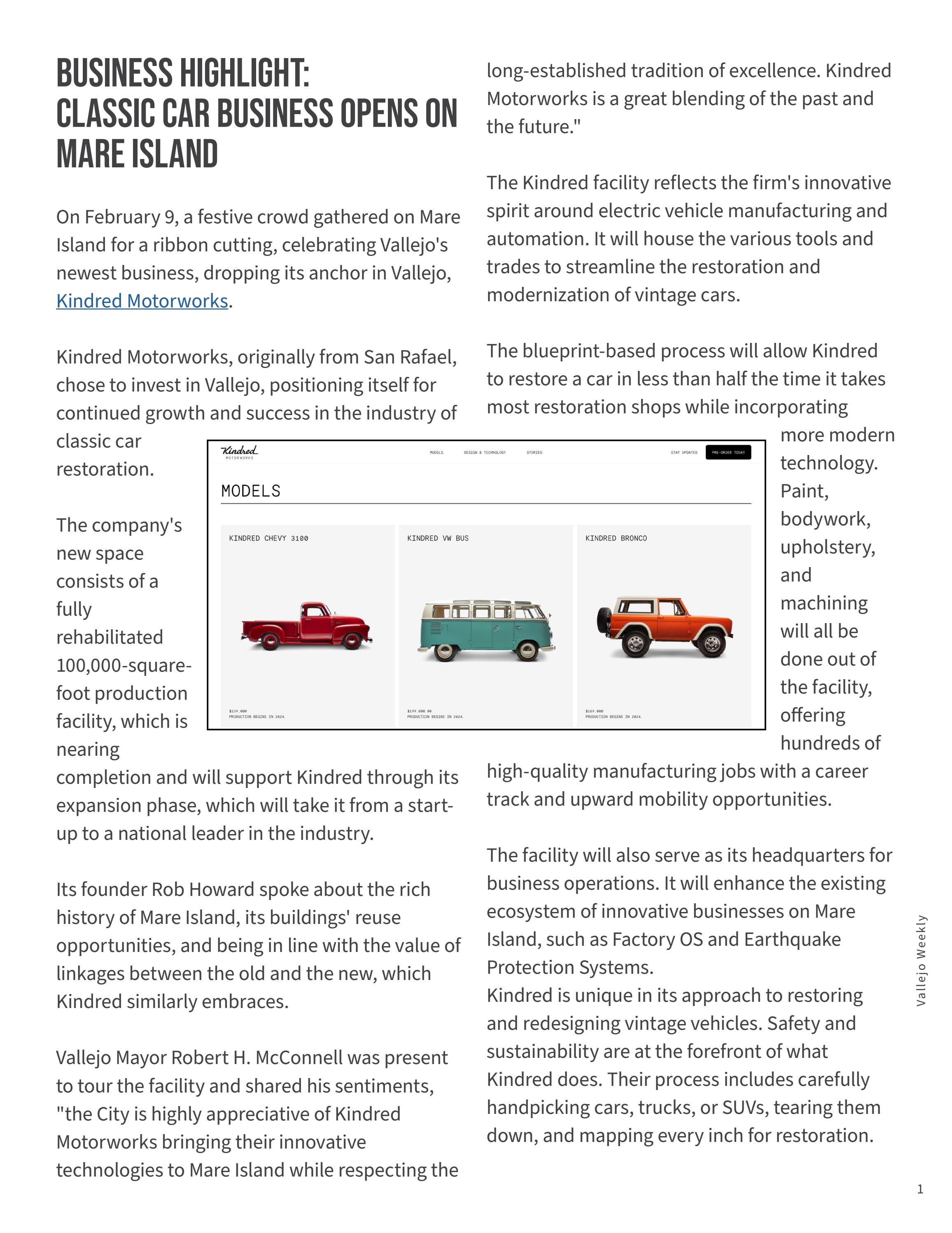 Vallejo Business Highlight: Kindred Motors by cityofvallejo - Issuu
