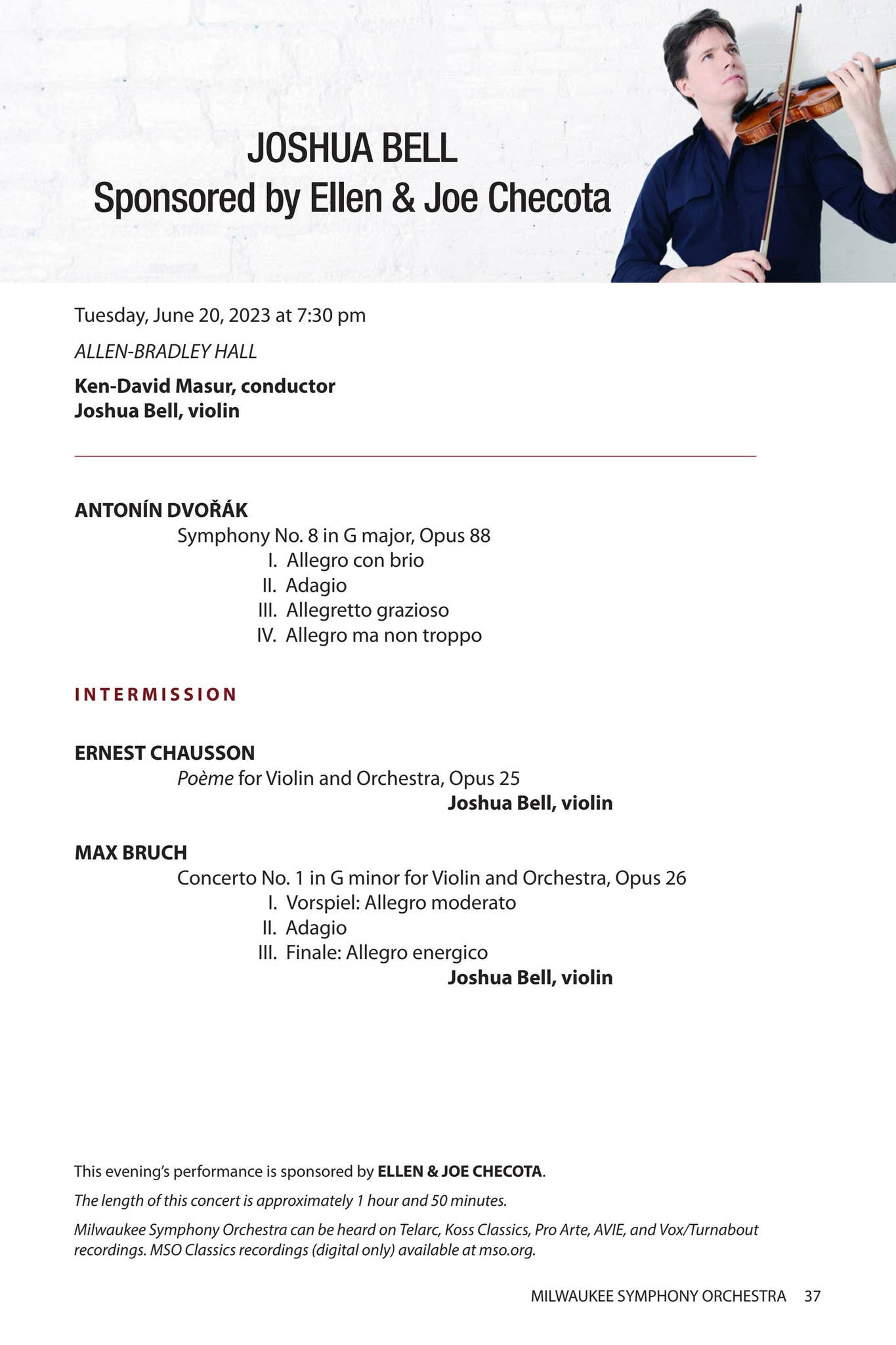 JOSHUA BELL Sponsored by Ellen & Joe Checota by Milwaukee Symphony ...