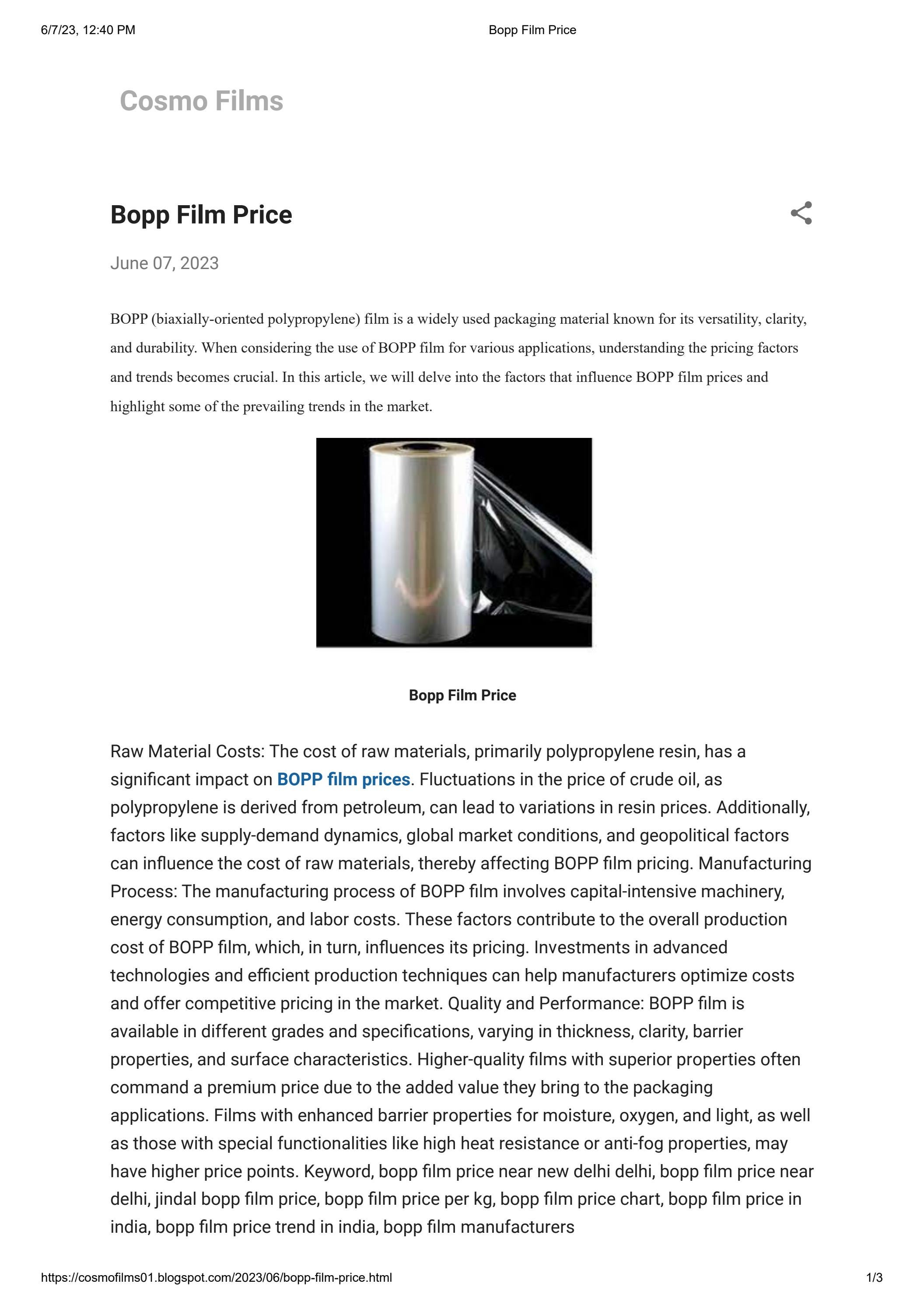 Bopp Film Price by Cosmo Films - Issuu
