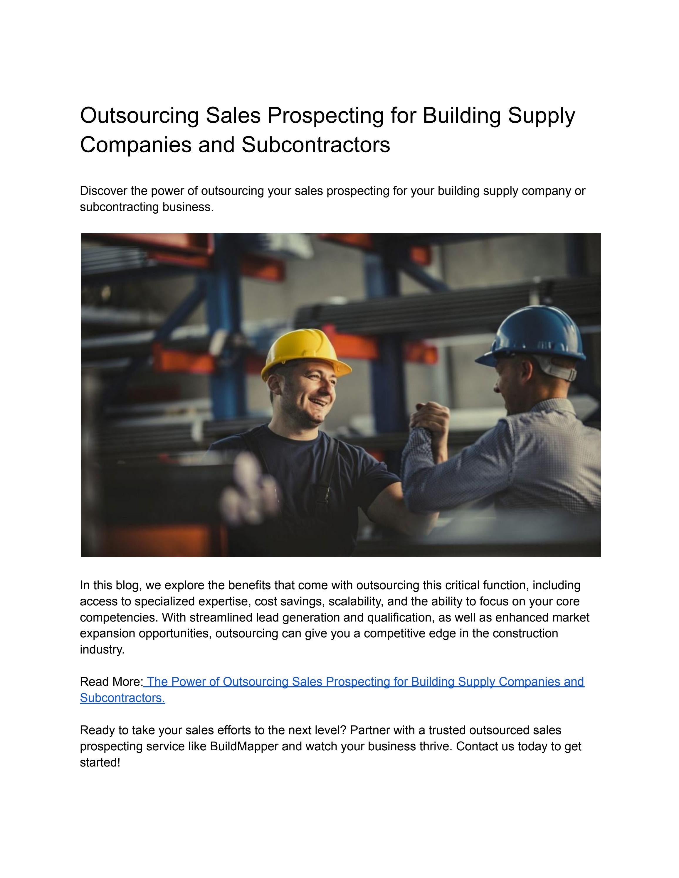 Outsourcing Sales Prospecting for Building Supply Companies and Subcontractors by Buildmapper ...
