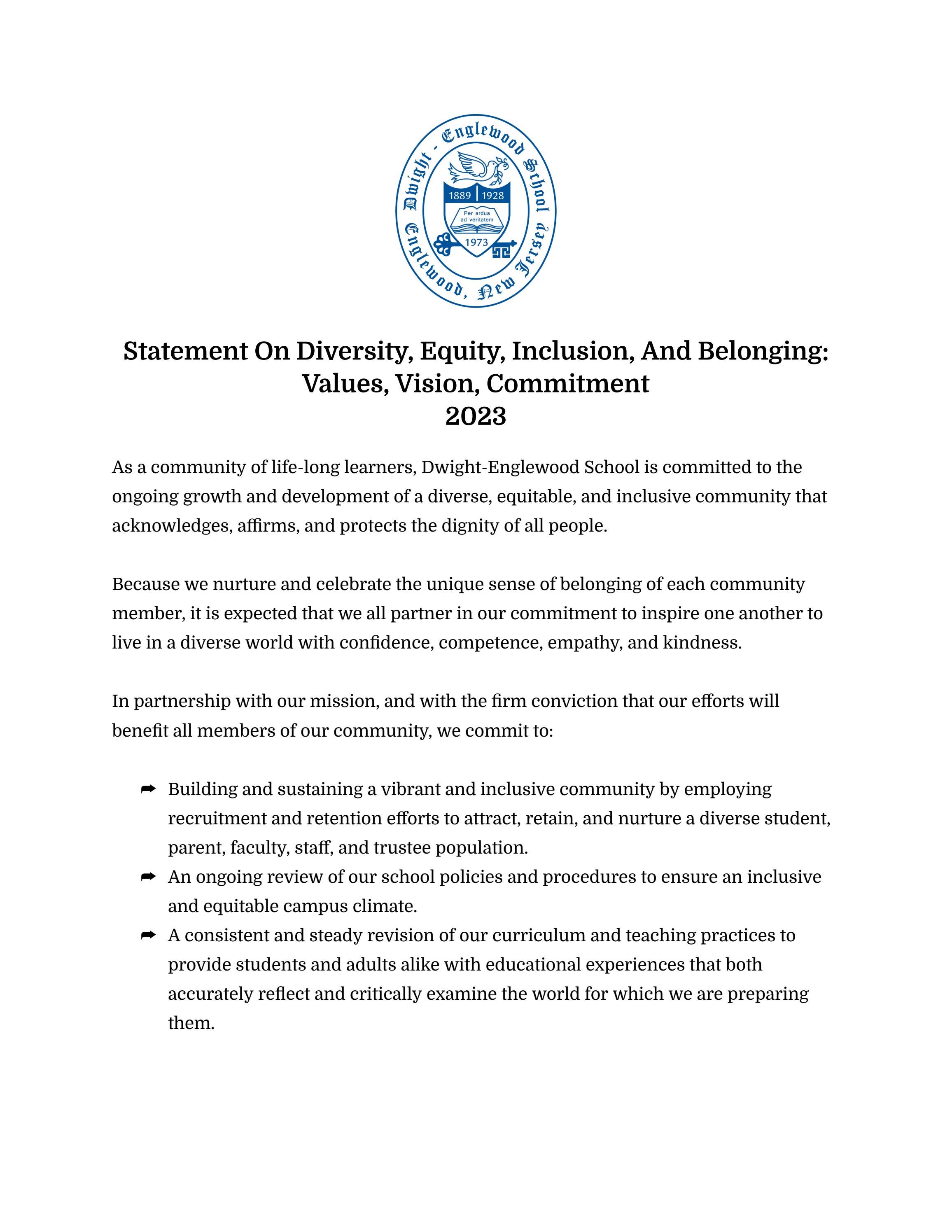 Statement on Diversity, Equity, Inclusion, and Belonging by Dwight ...