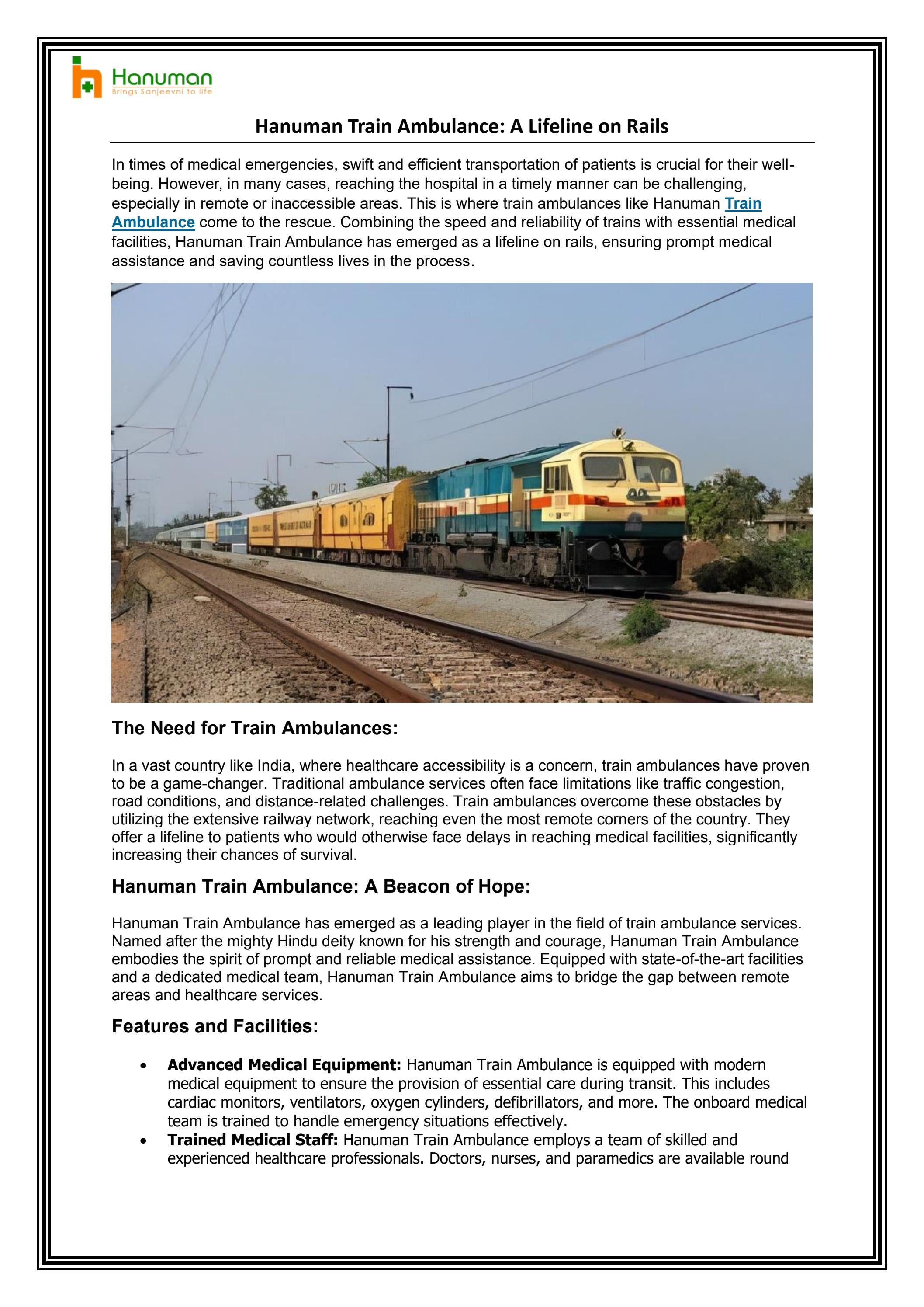 Hanuman Train Ambulance: A Lifeline on Rails by hanumancare - Issuu