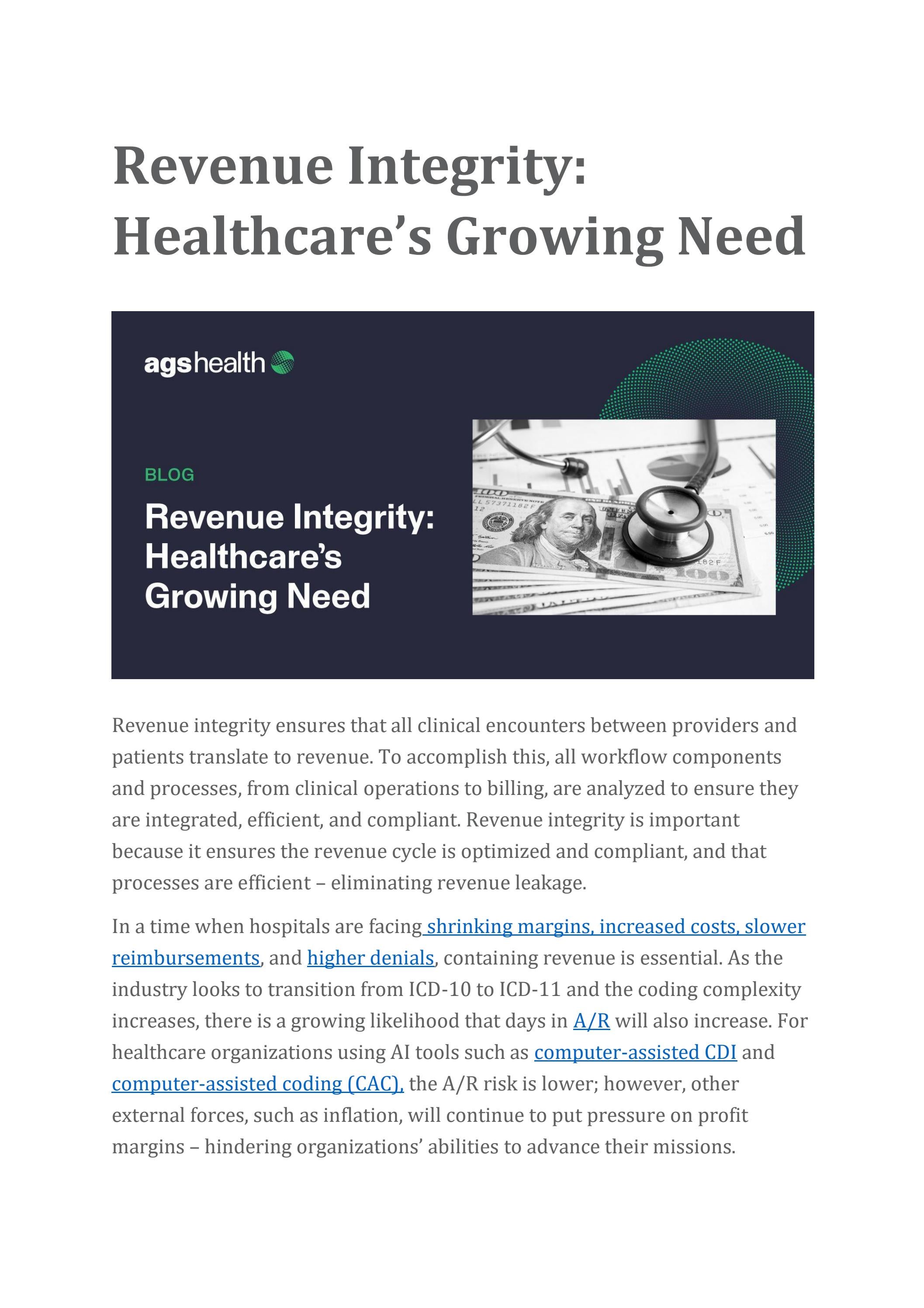 Revenue Integrity: Healthcare’s Growing Need by AGSHealth_ - Issuu