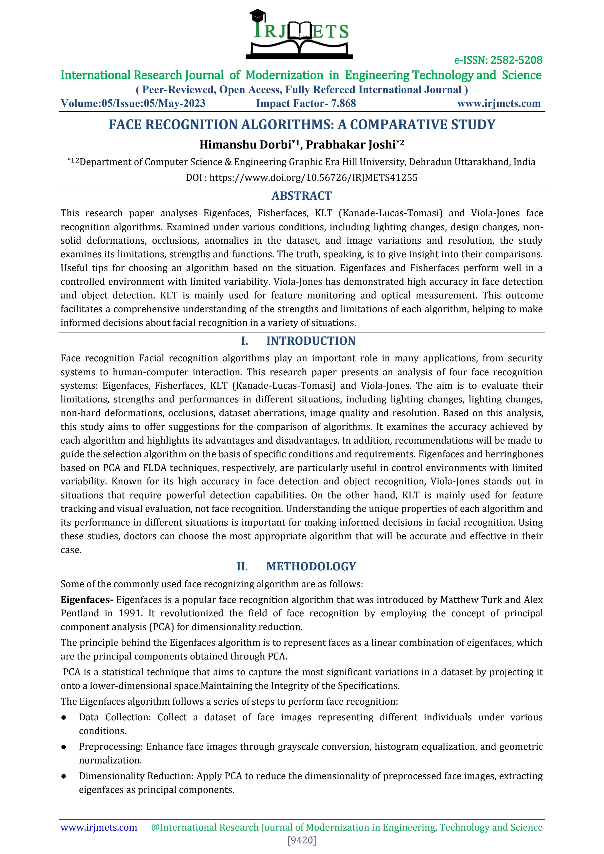 FACE RECOGNITION ALGORITHMS: A COMPARATIVE STUDY by IRJMETS - Issuu