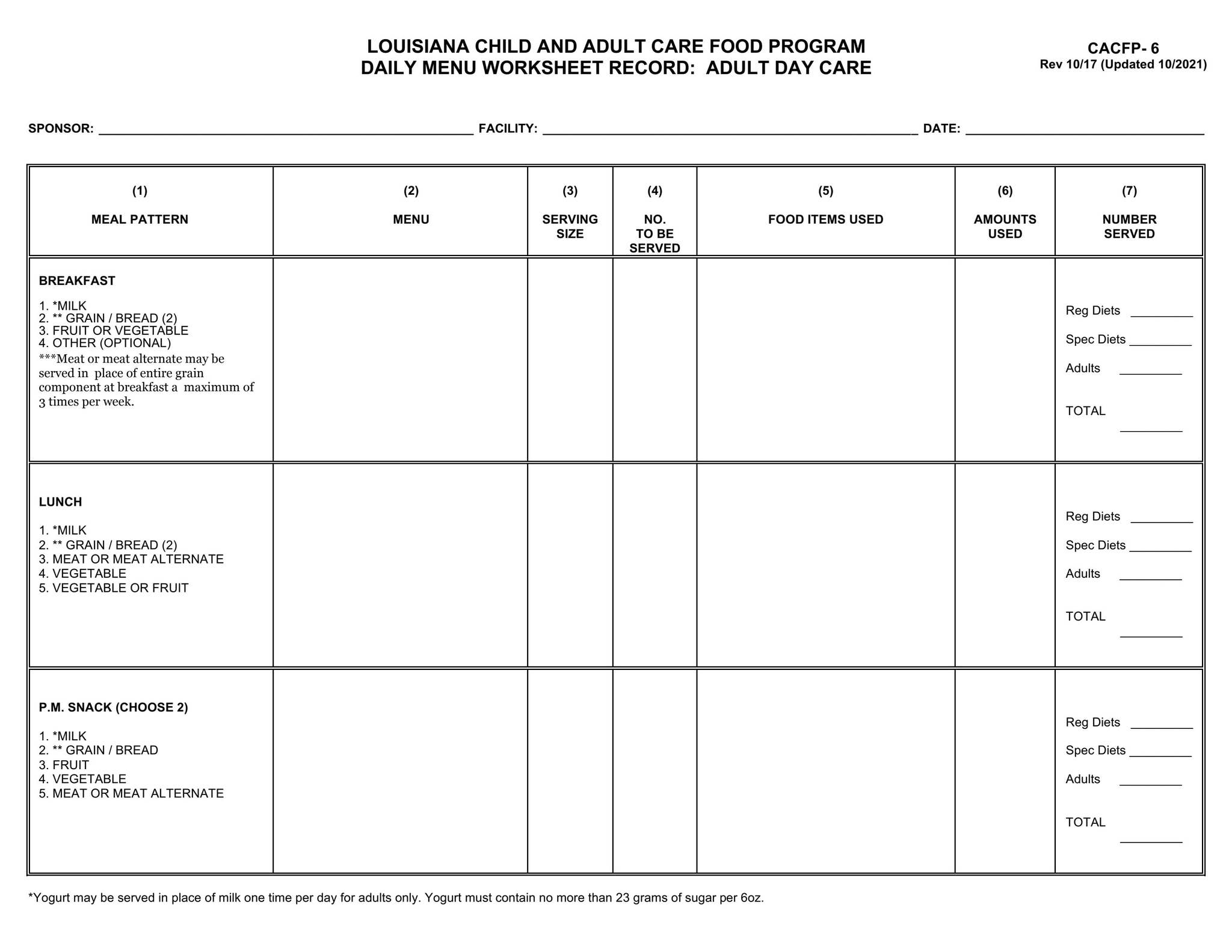 KidKare: Daily Menu Worksheet Record Adult Day Care by KidKare by ...
