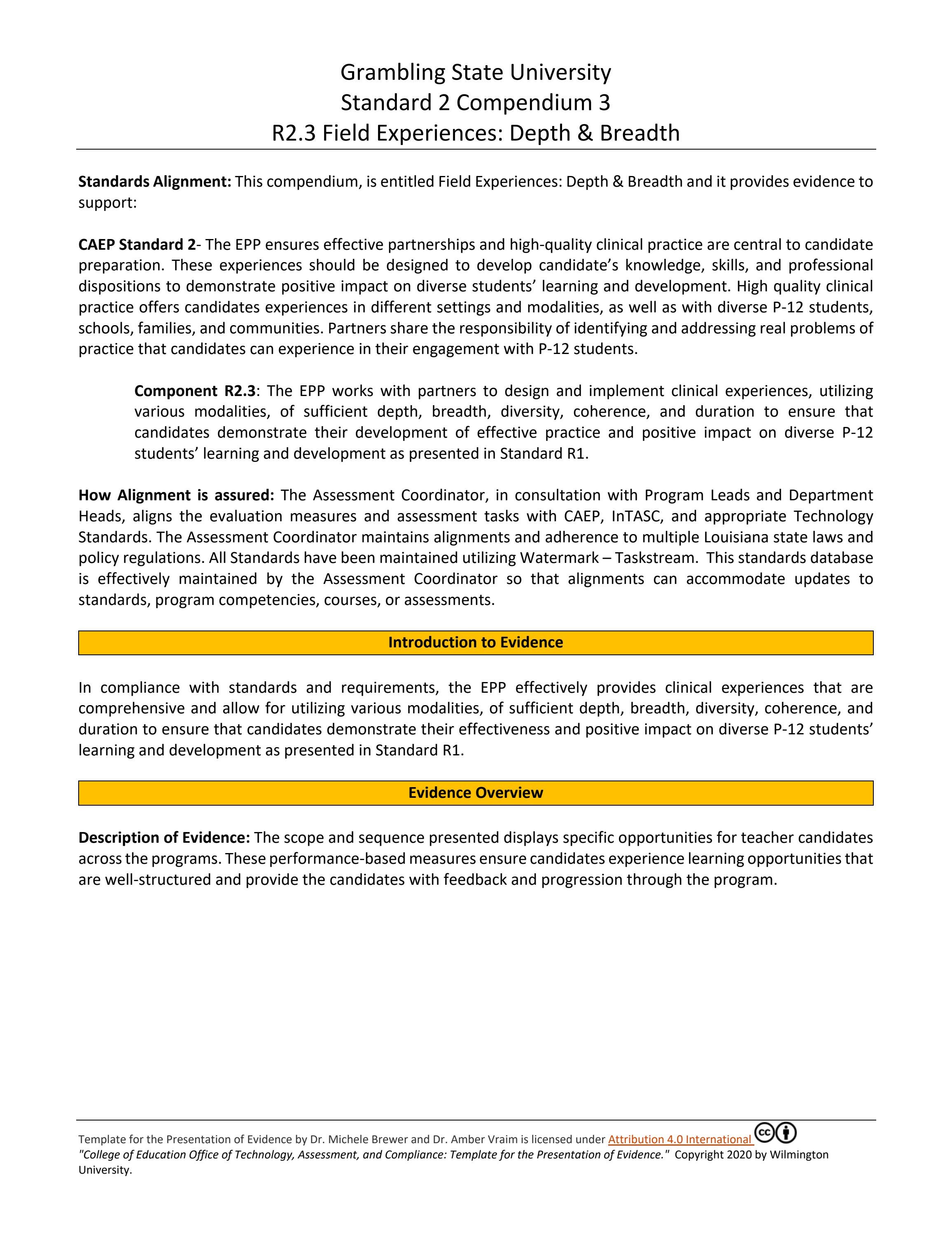 Standard Two Compendium 3 - R2.3 Field Experiences - Depth and Breadth ...