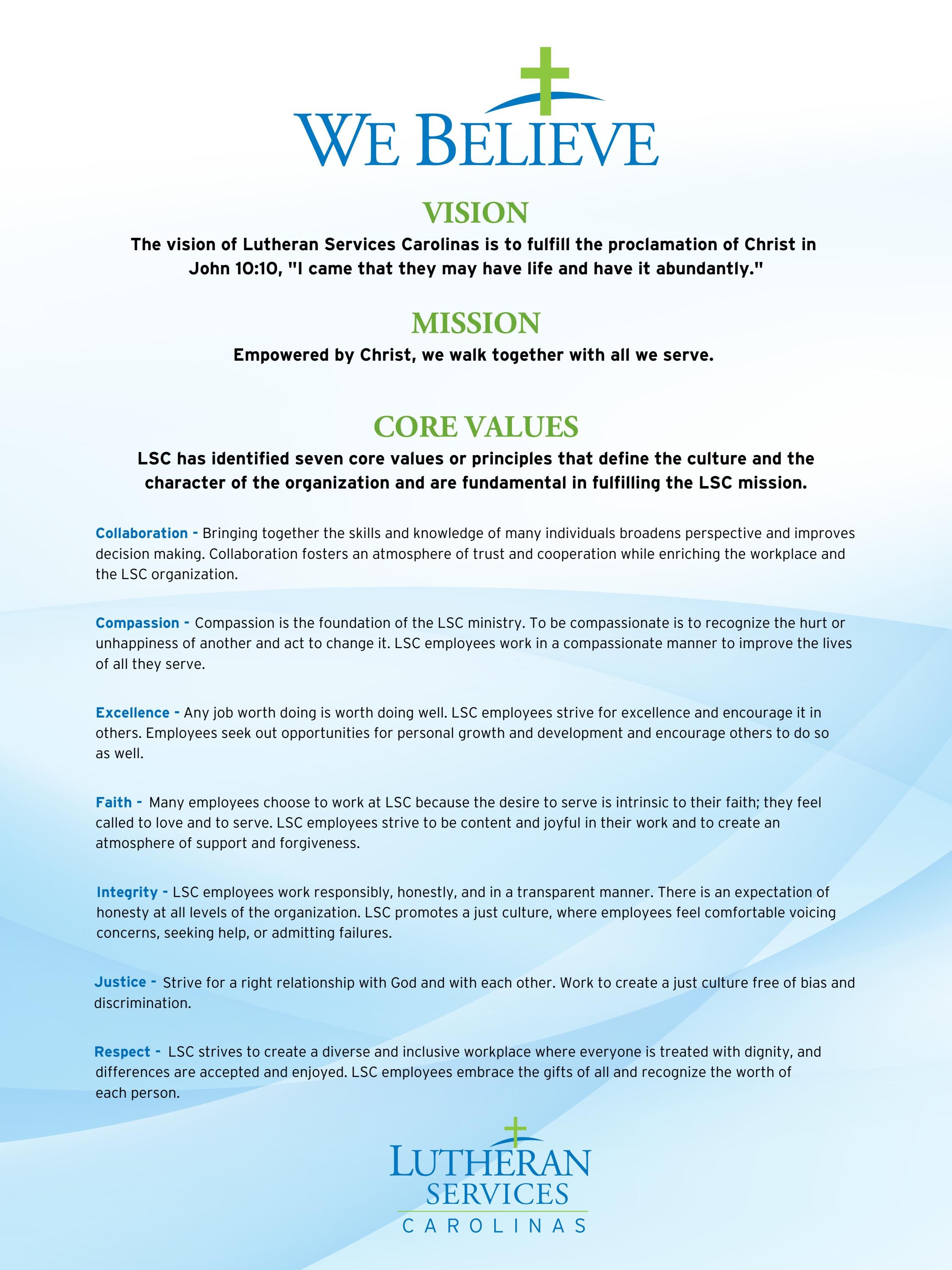LSC - Vision, Mission, and Core Values by lutheranservicescarolinas - Issuu