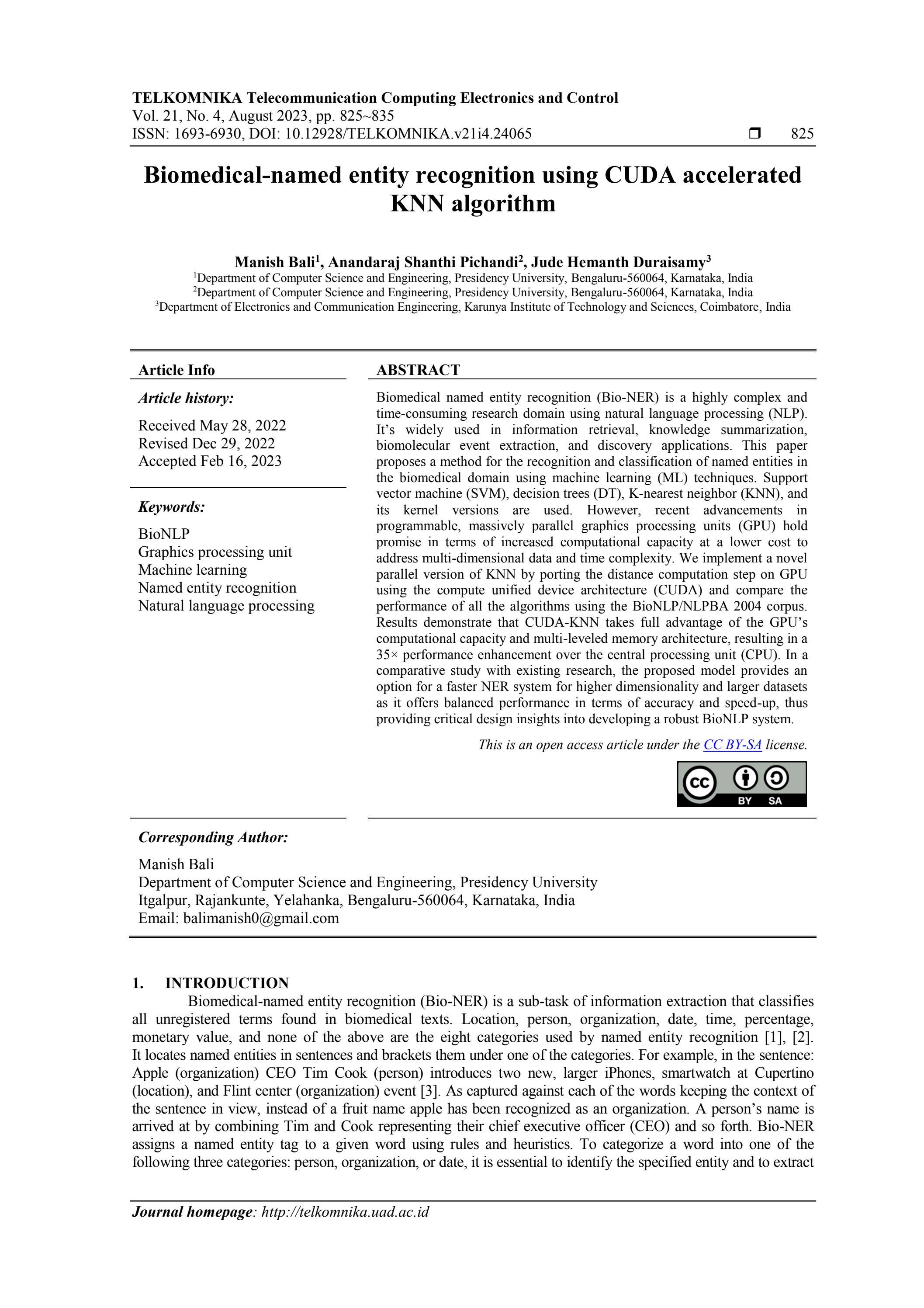 Biomedical Named Entity Recognition Using Cuda Accelerated Knn Algorithm By Icwt1 Telkomnika Issuu