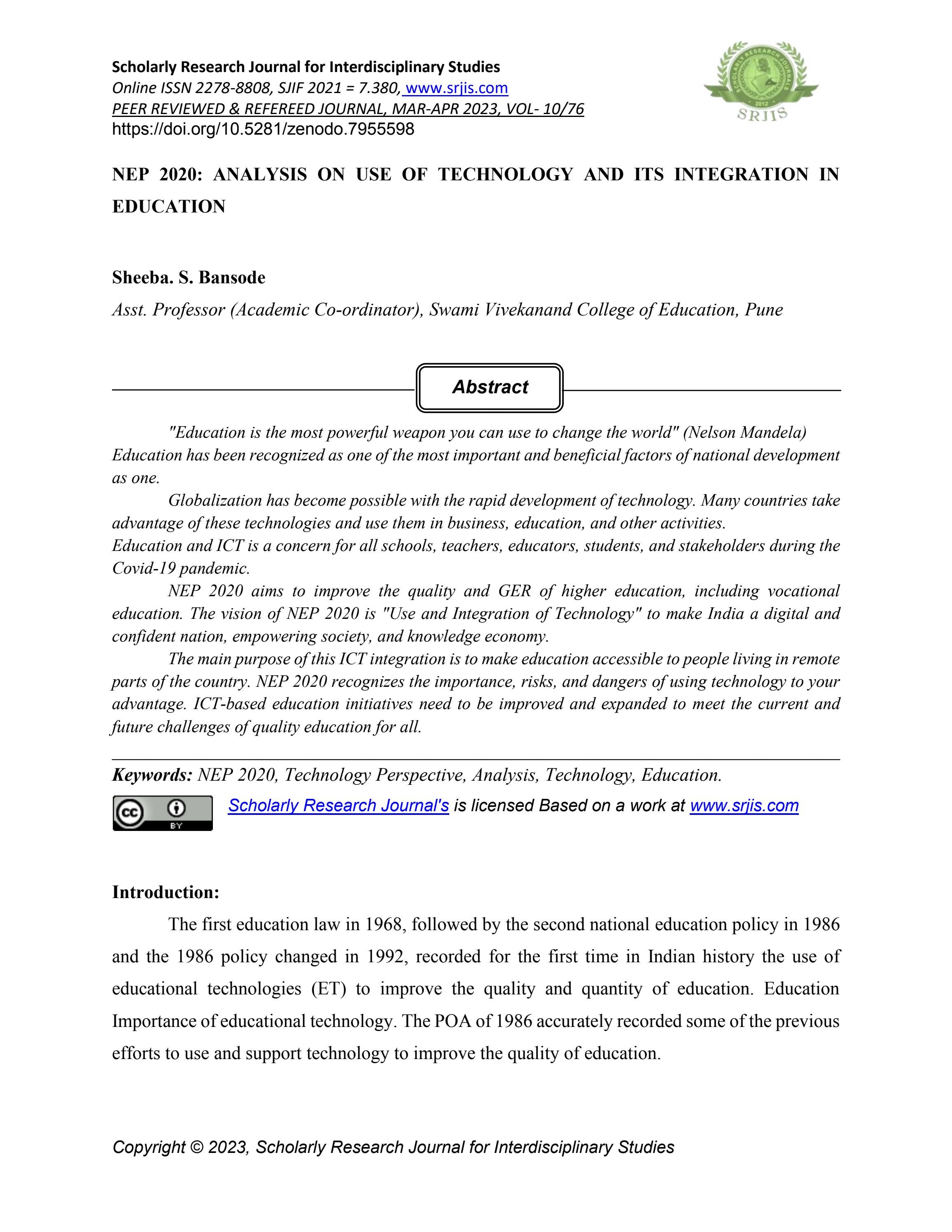NEP 2020: ANALYSIS ON USE OF TECHNOLOGY AND ITS INTEGRATION IN ...