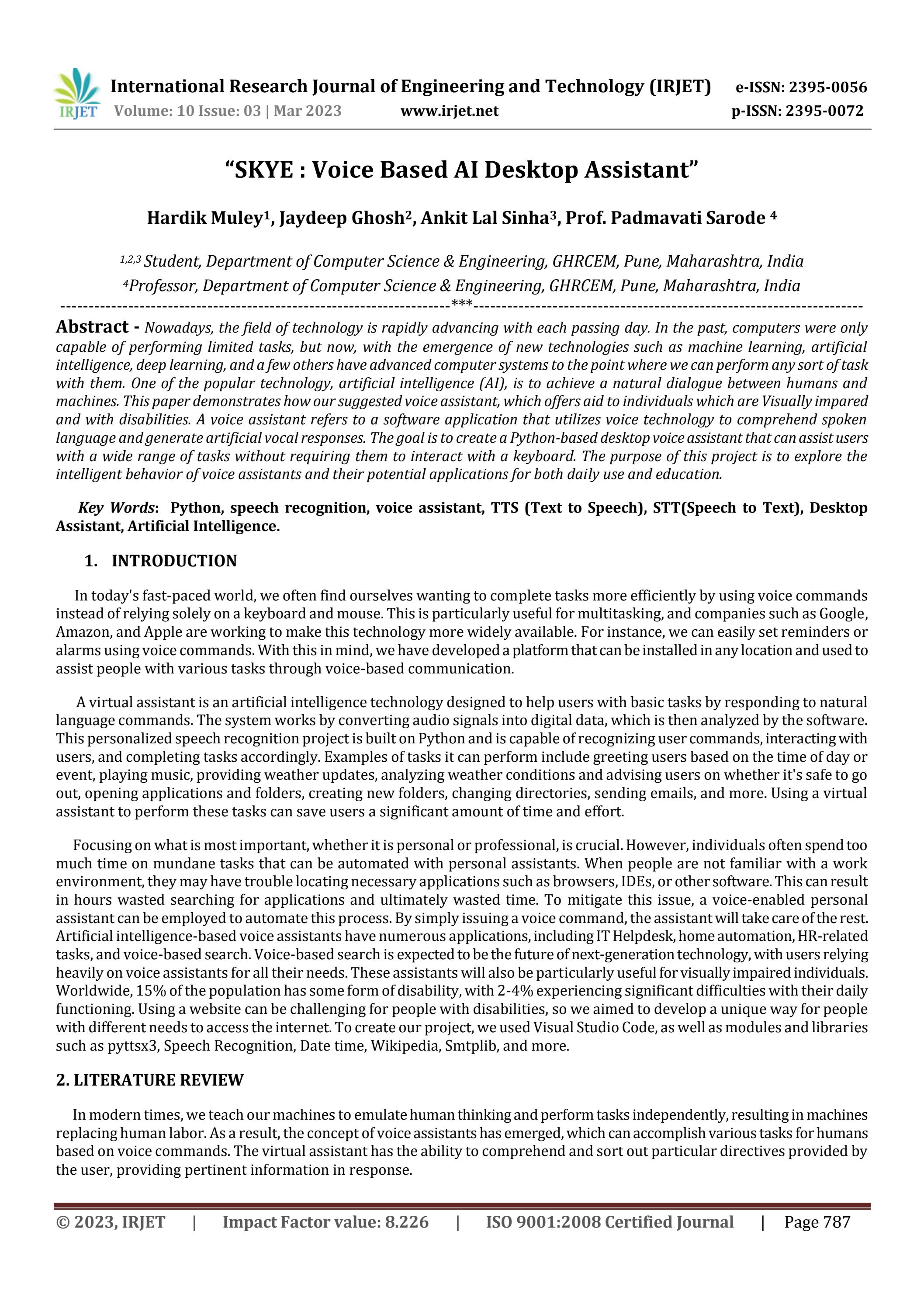 “SKYE : Voice Based AI Desktop Assistant” by IRJET Journal - Issuu