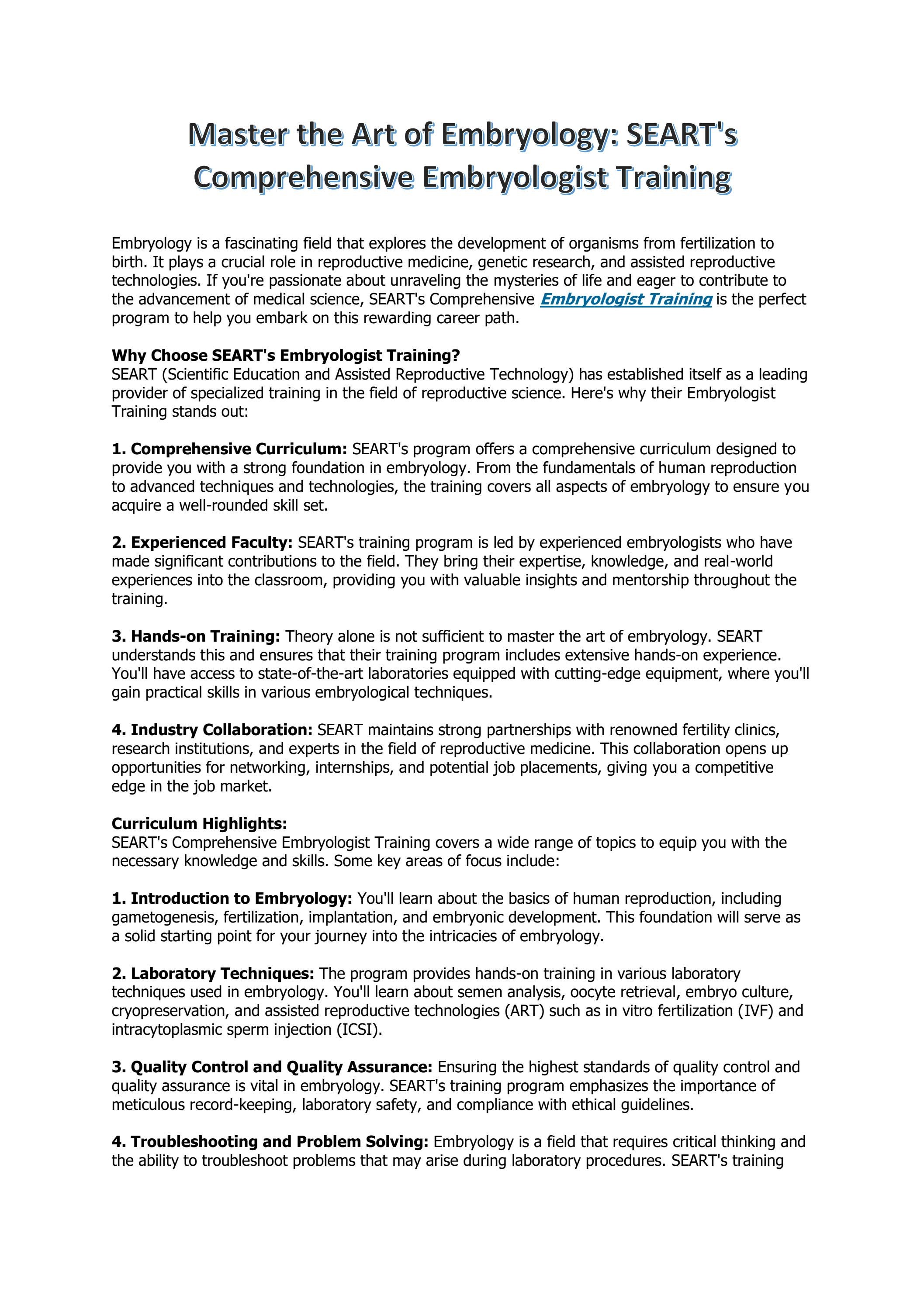 Master the Art of Embryology: SEART's Comprehensive Embryologist ...