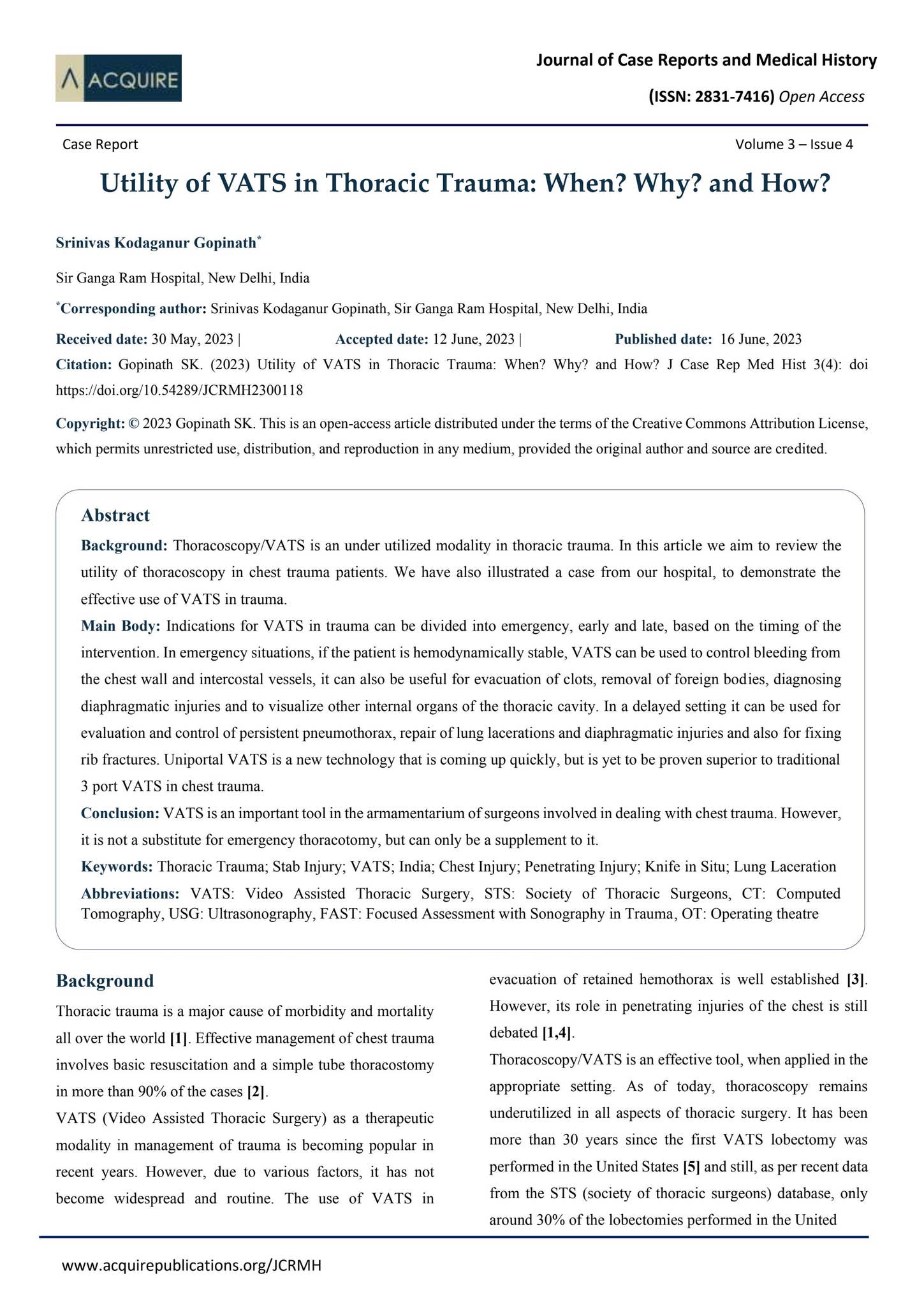 Utility of VATS in Thoracic Trauma: When? Why? and How? by acquire info ...