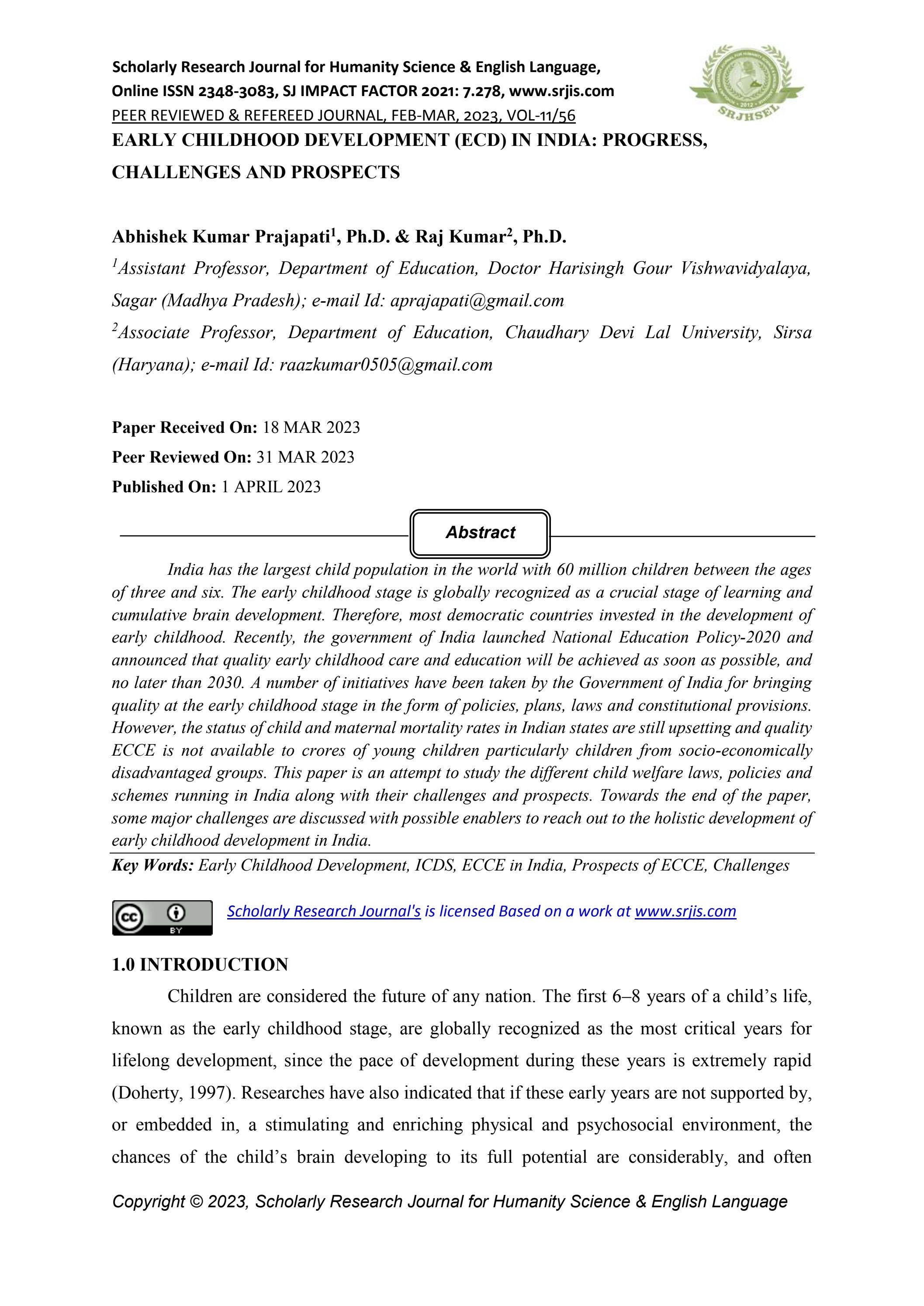 EARLY CHILDHOOD DEVELOPMENT (ECD) IN INDIA: PROGRESS, CHALLENGES AND ...