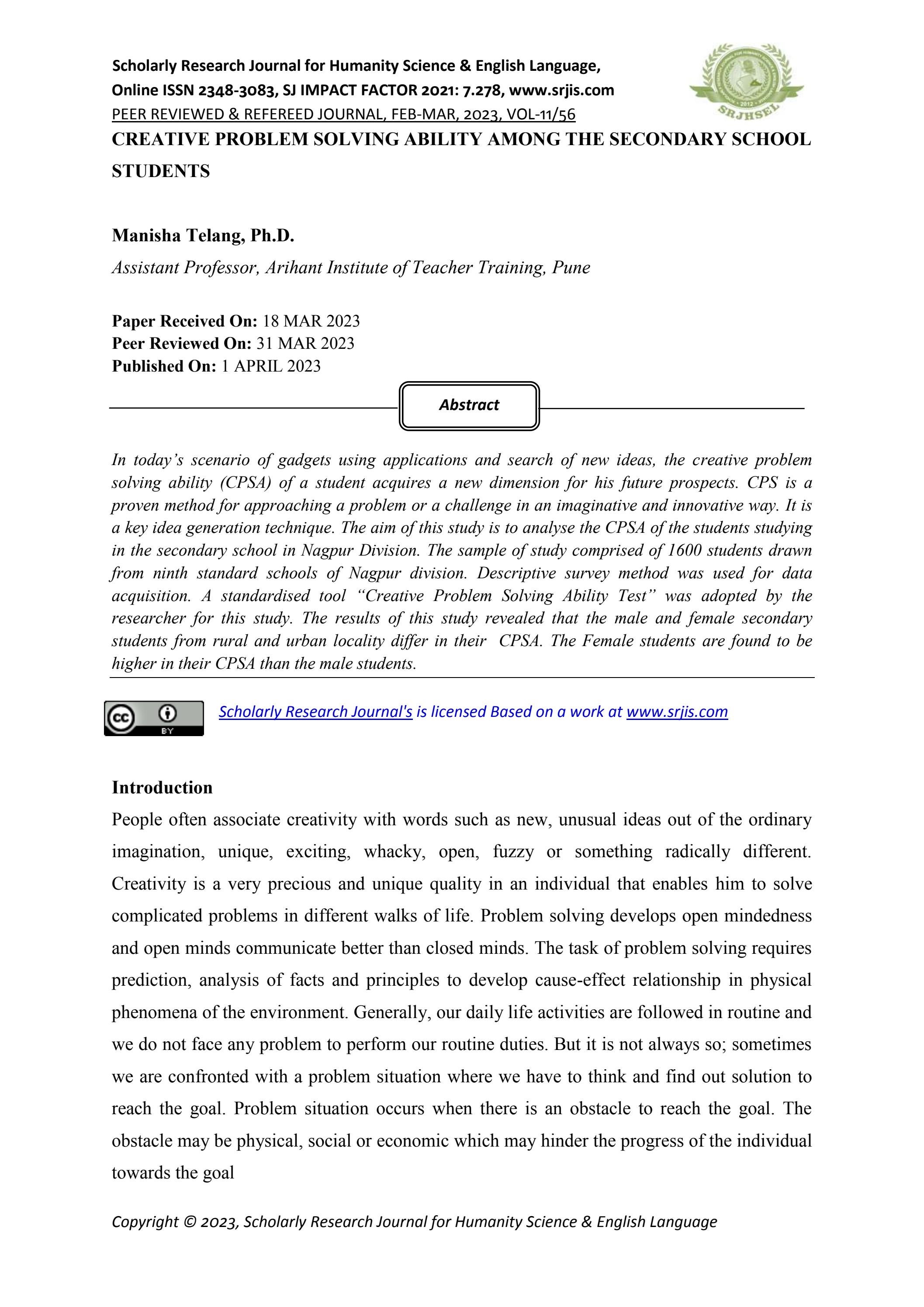 CREATIVE PROBLEM SOLVING ABILITY AMONG THE SECONDARY SCHOOL STUDENTS by ...