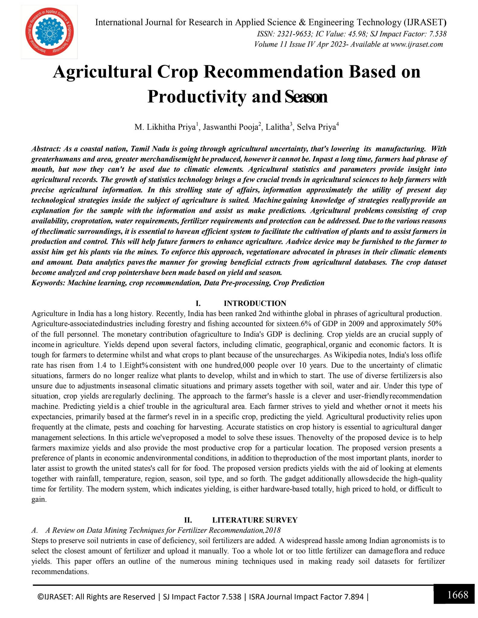 Agricultural Crop Recommendation Based on Productivity and Season by ...