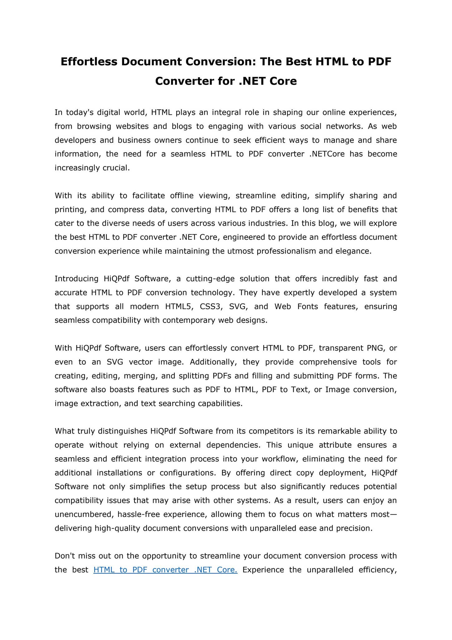 Effortless Document Conversion: The Best HTML to PDF Converter for .NET Core by HiQPdf Software ...