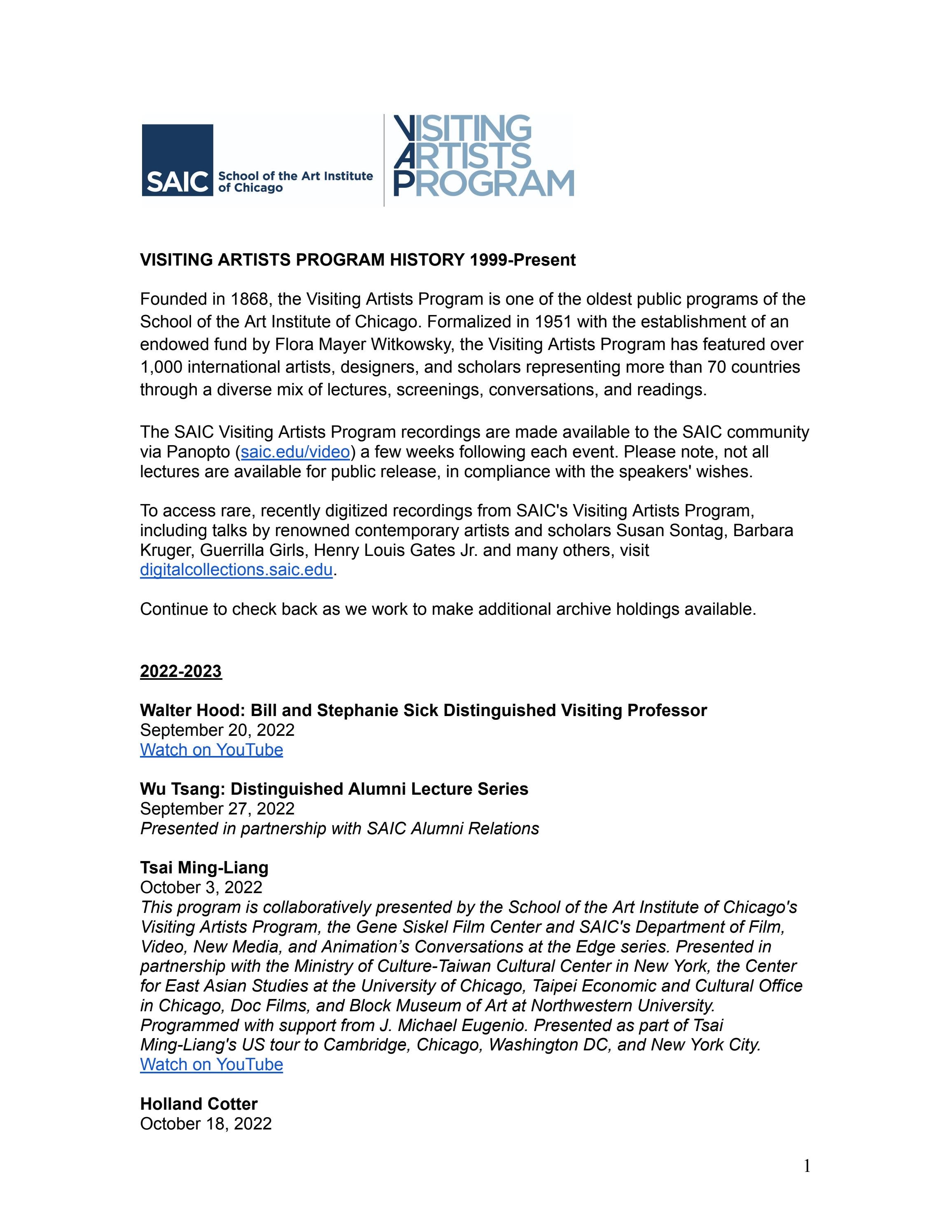 Past SAIC Visiting Artists Since 1999 by School of the Art Institute of ...