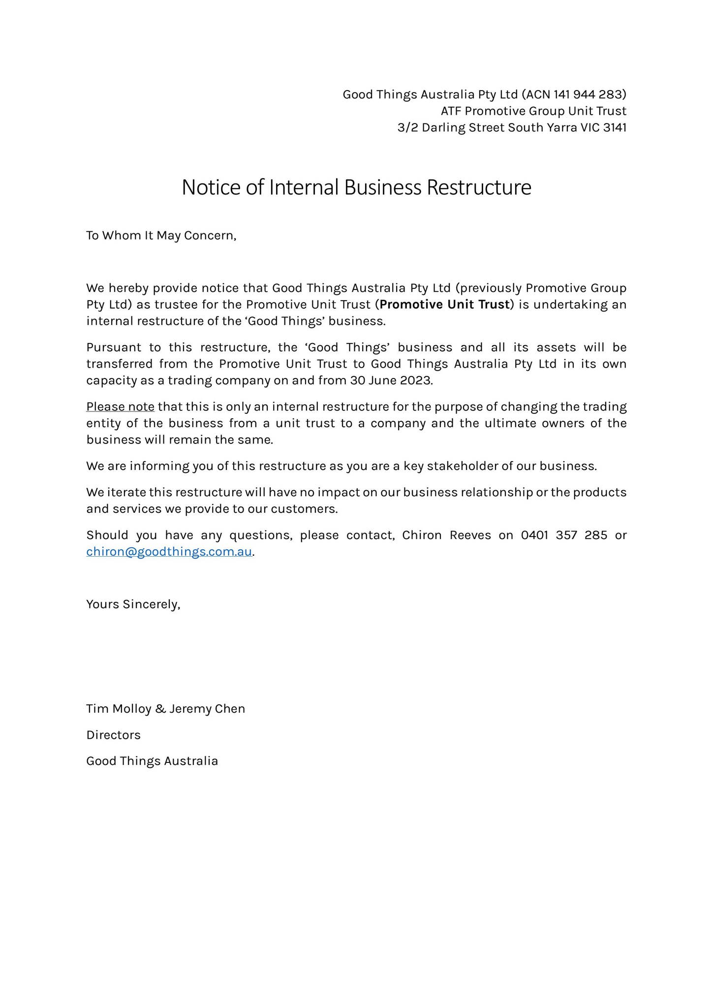 Notice of Internal Restructure — Promotive Group by goodthingsau - Issuu
