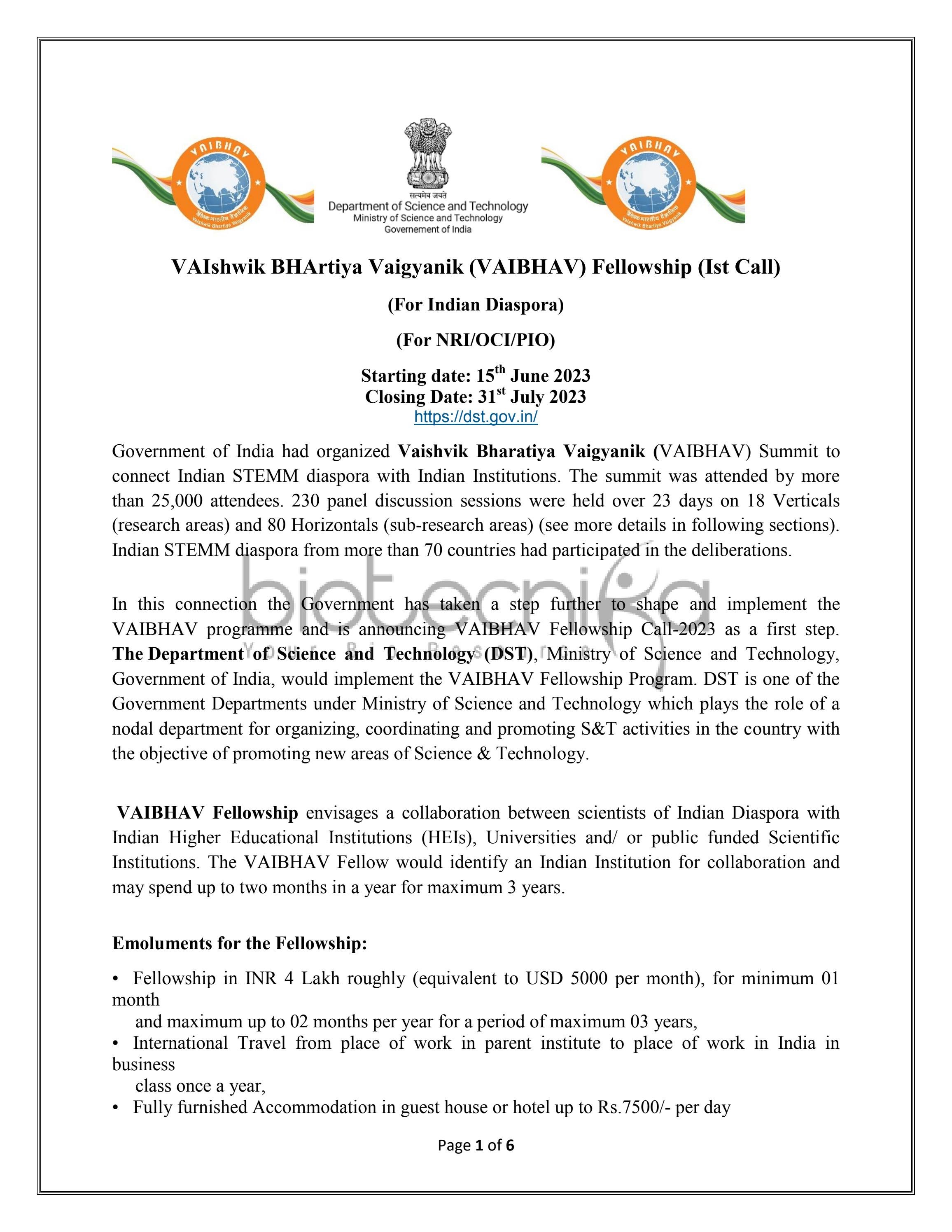 VAIshwik BHArtiya Vaigyanik (VAIBHAV) Fellowship (Ist Call) For Indian ...