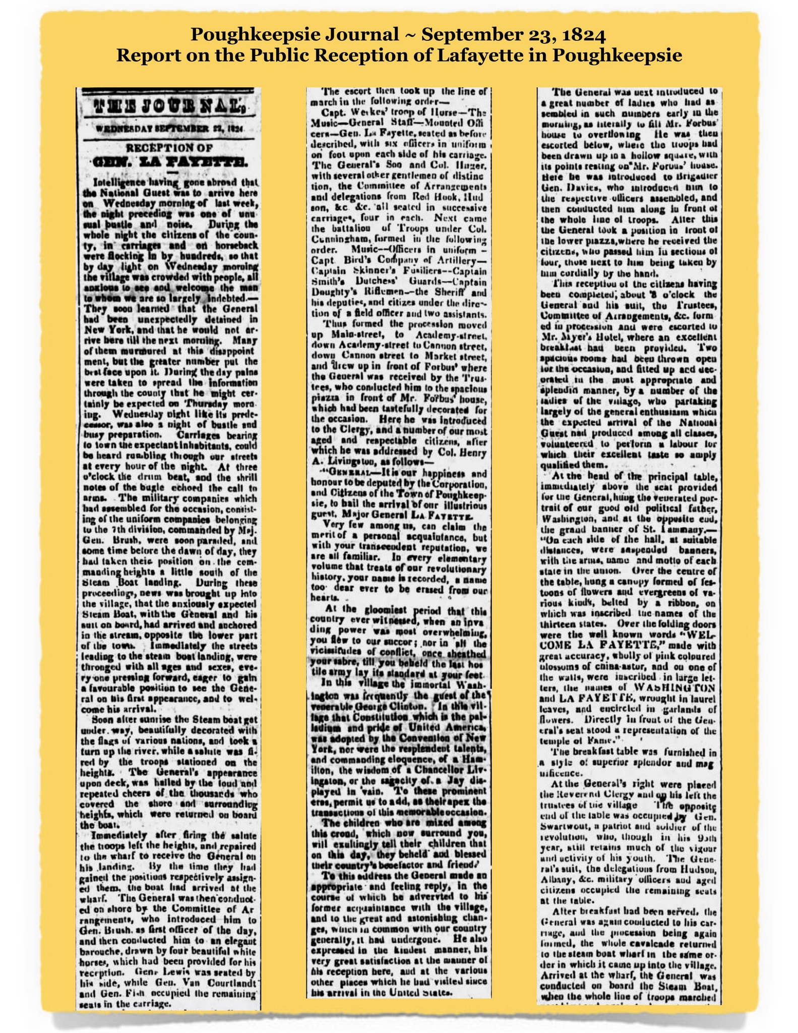 Poughkeepsie Journal Reports on Lafayette in Poughkeepsie 1824 by D C H ...