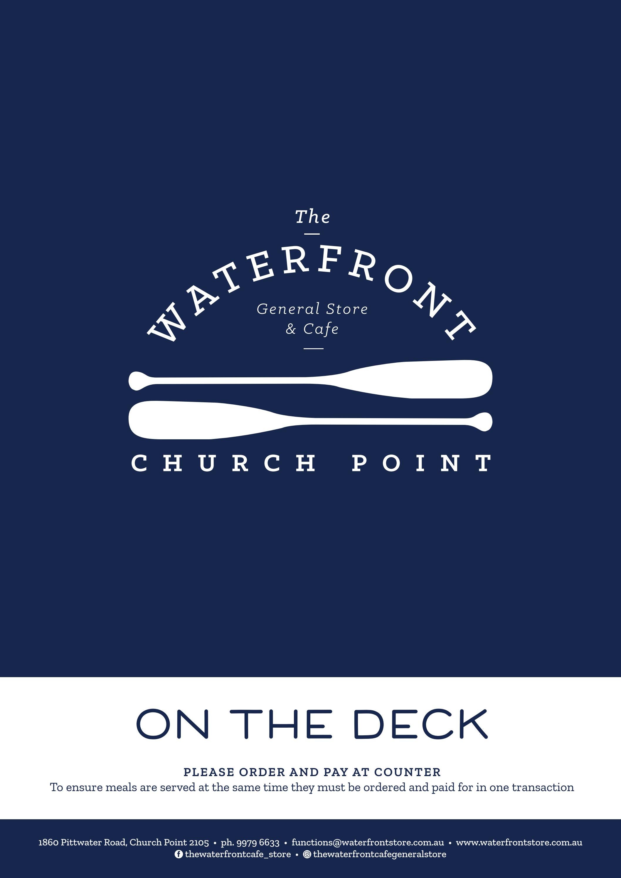 The Waterfront & Store Cafe On The Deck Menu, July 2023 by ...