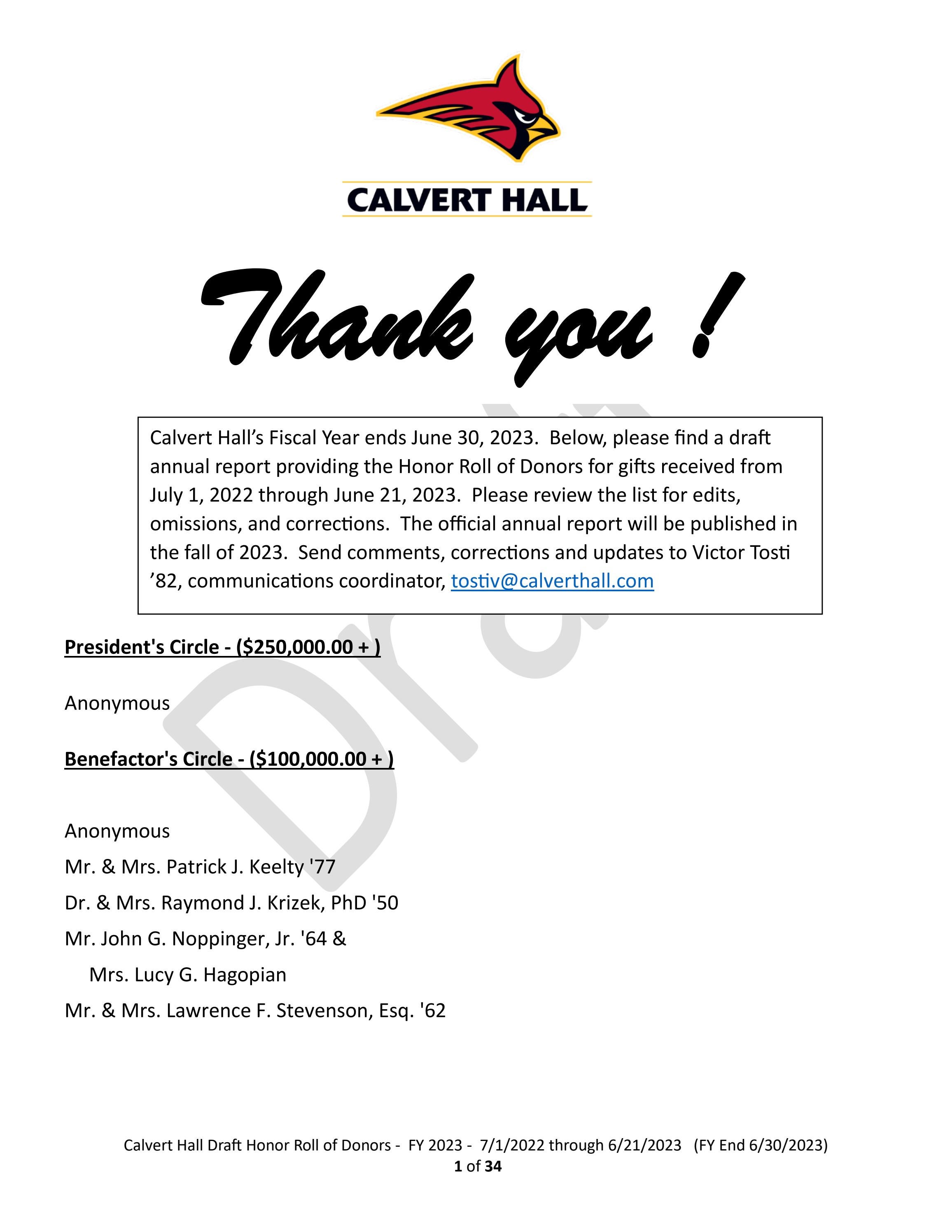 Calvert Hall DRAFT Honor Roll of Donors (2022-2023) by Calvert Hall ...