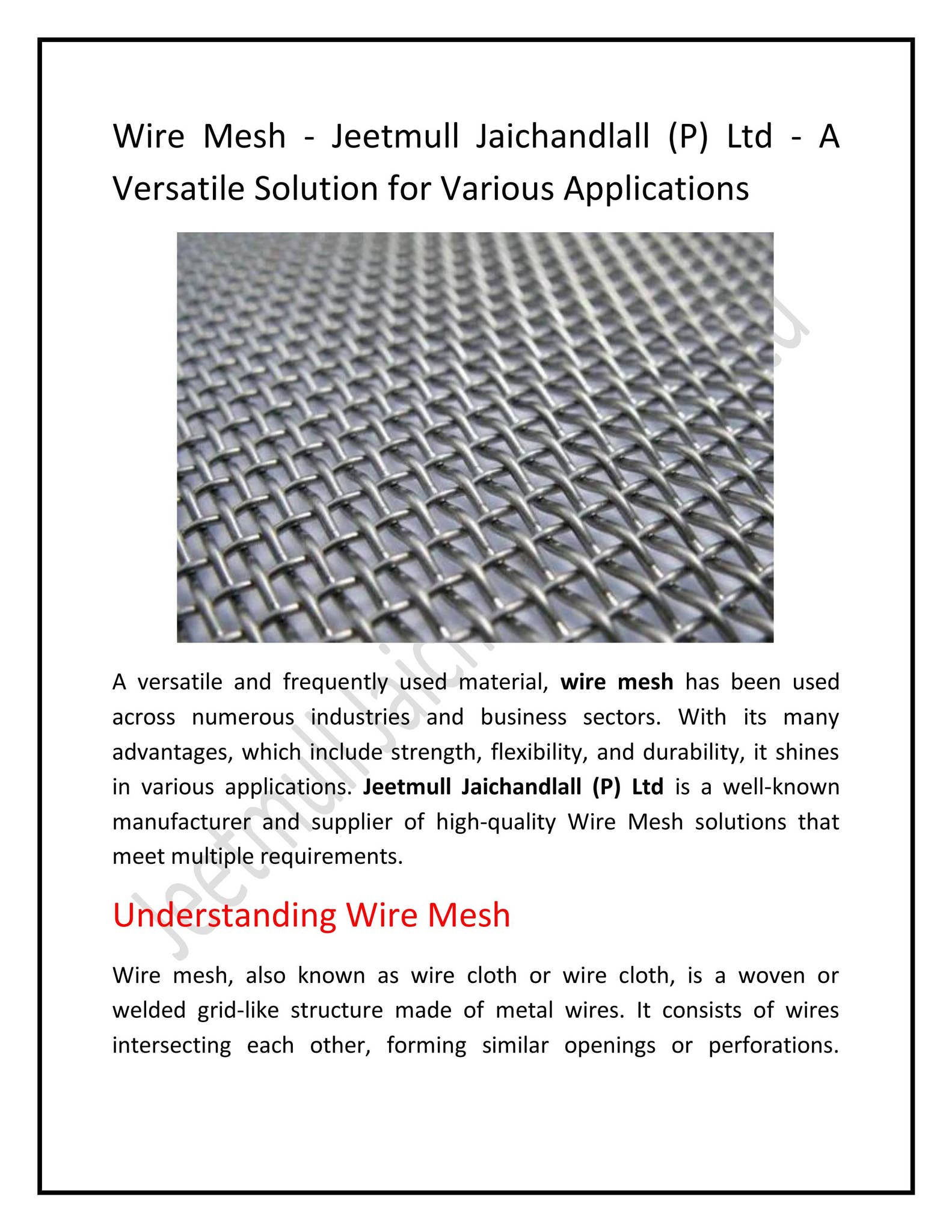 Wire Mesh - Jeetmull Jaichandlall (P) Ltd - A Versatile Solution for ...