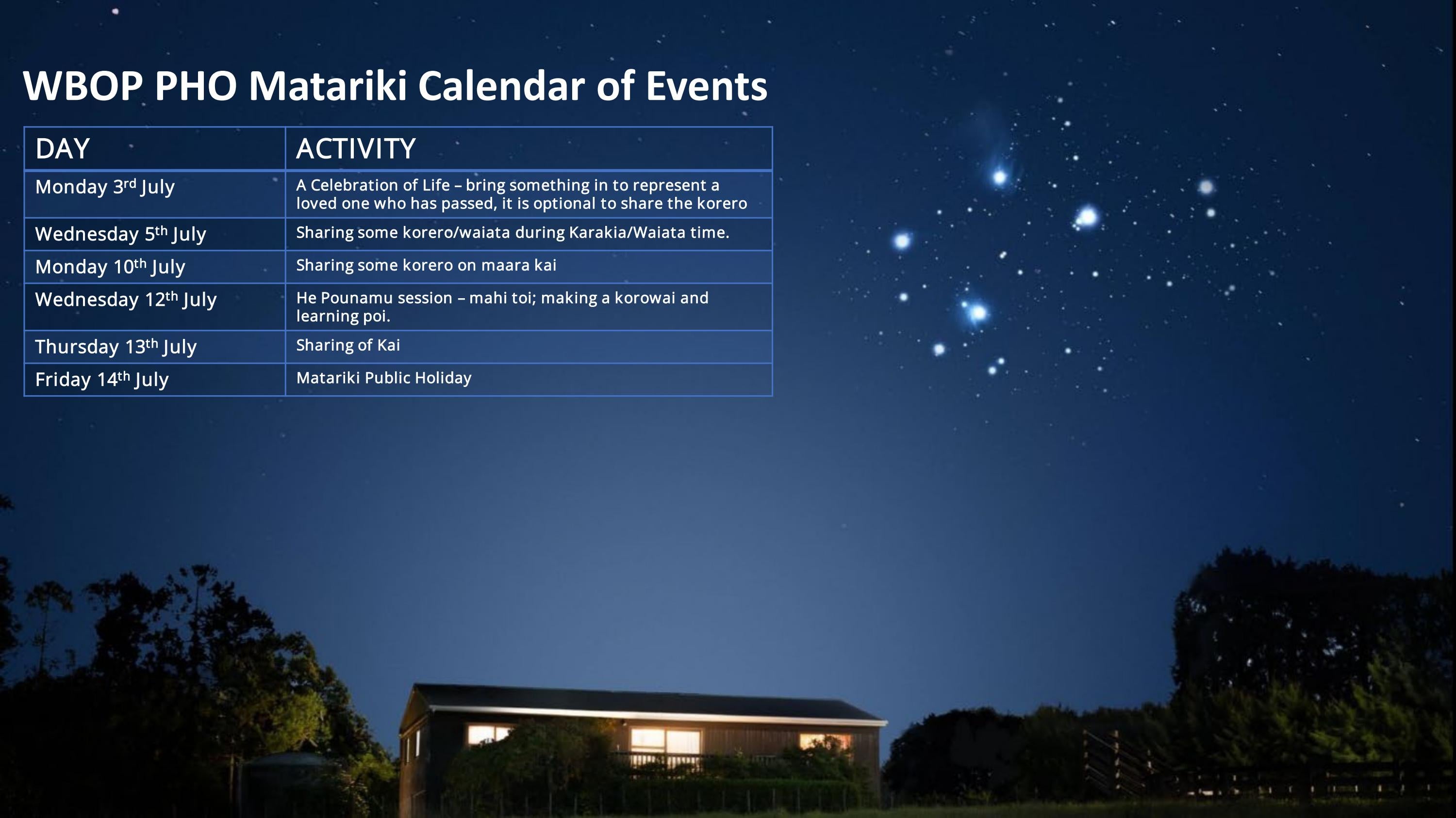 WBOP PHO Matariki Calendar of Events by WBOP PHO - Issuu