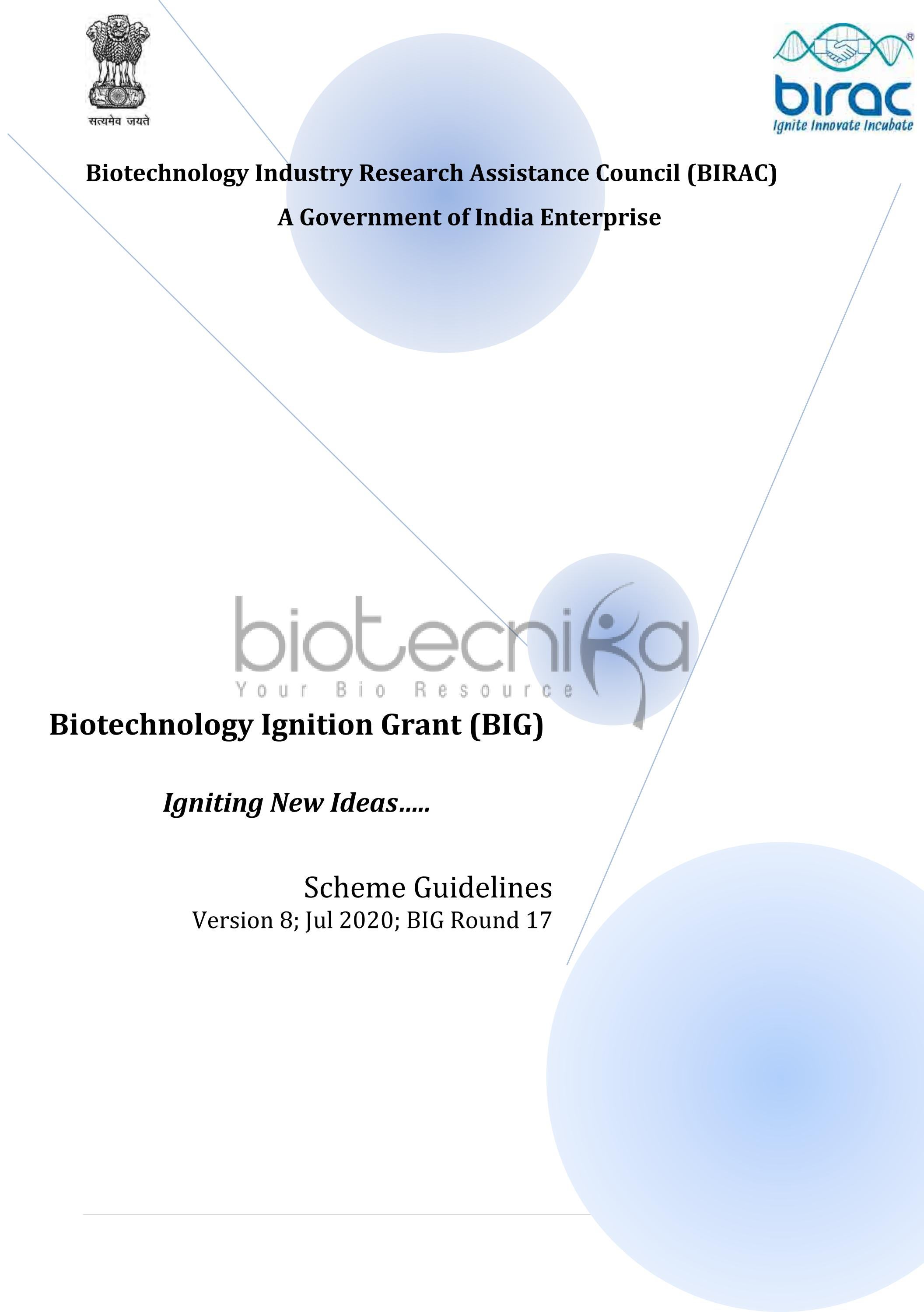 BIRAC BIG - Up to Rs 50 Lakh Biotechnology Ignition Grant by BioTecNika ...
