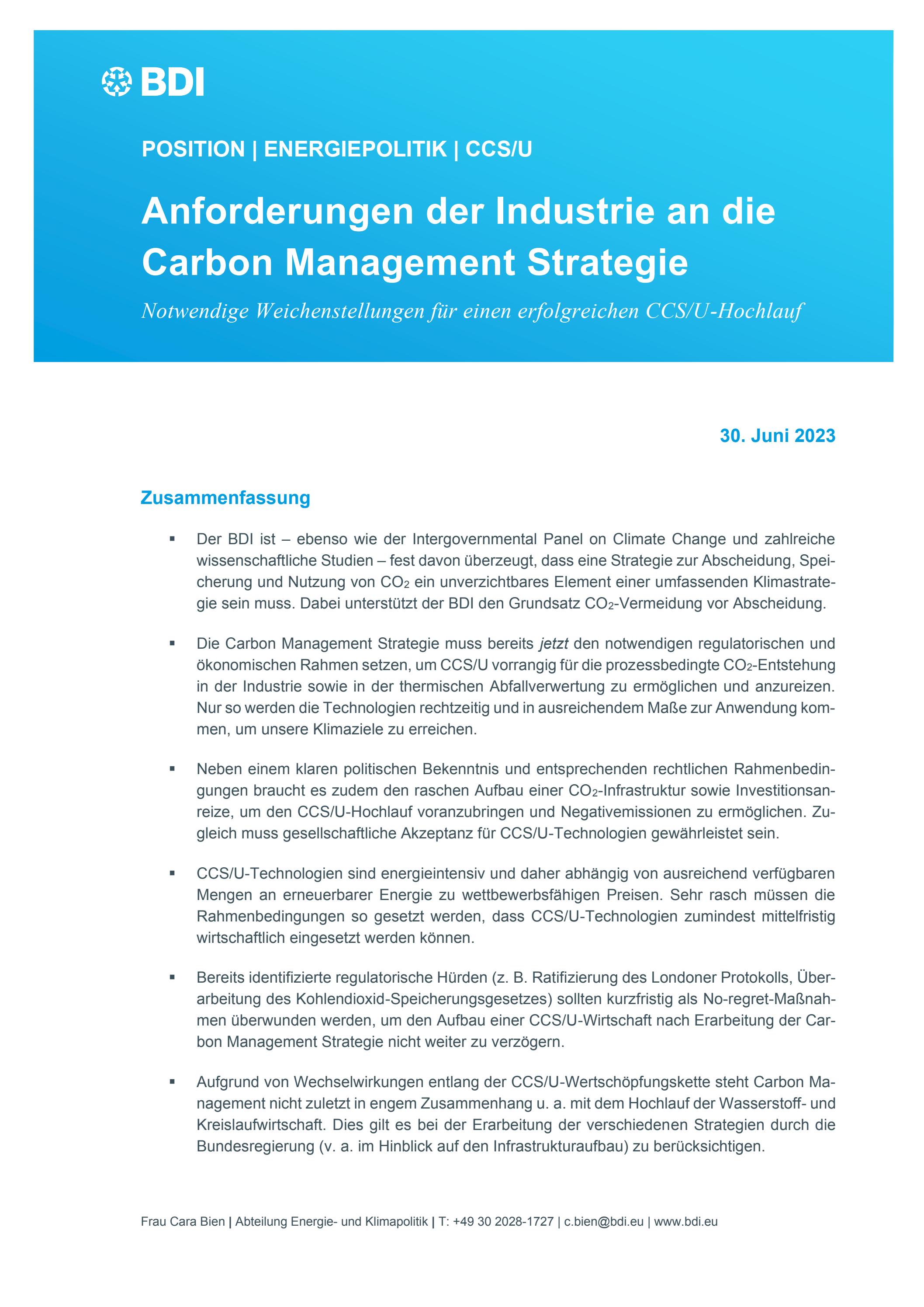Anforderungen der Industrie an die Carbon Management Strategie by ...